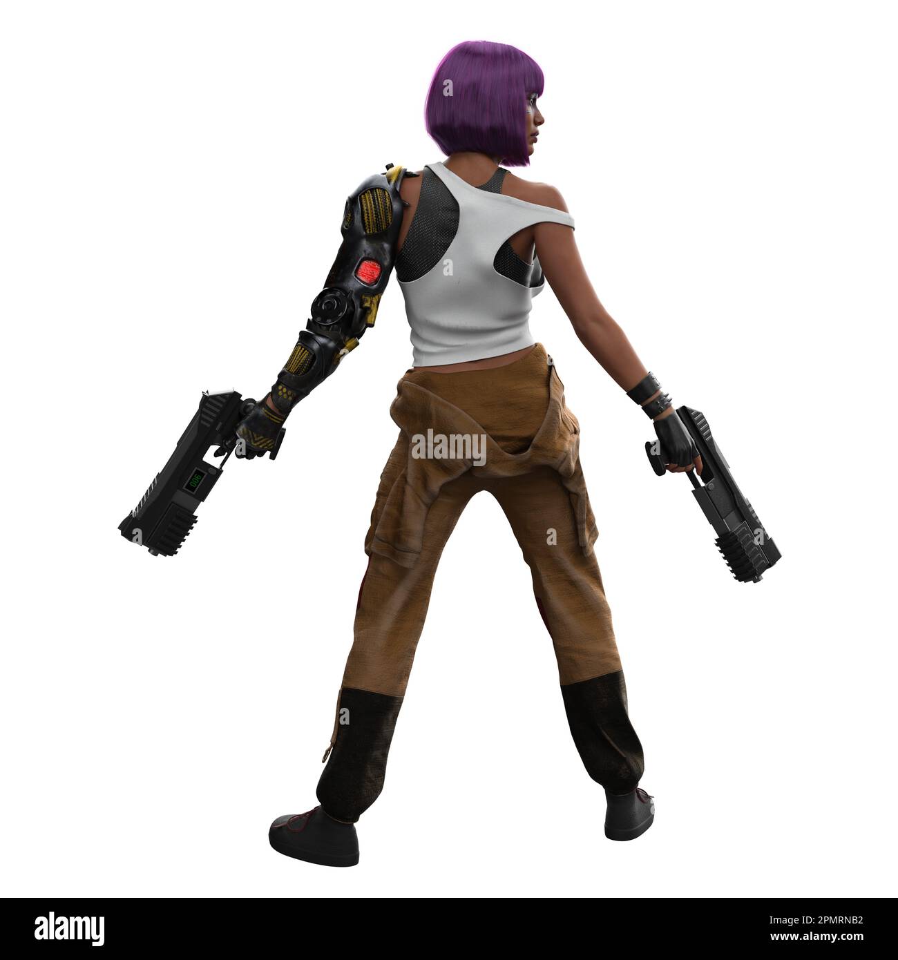 Futuristic cyberpunk woman, with purple hair, cybernetic arm and eye ...