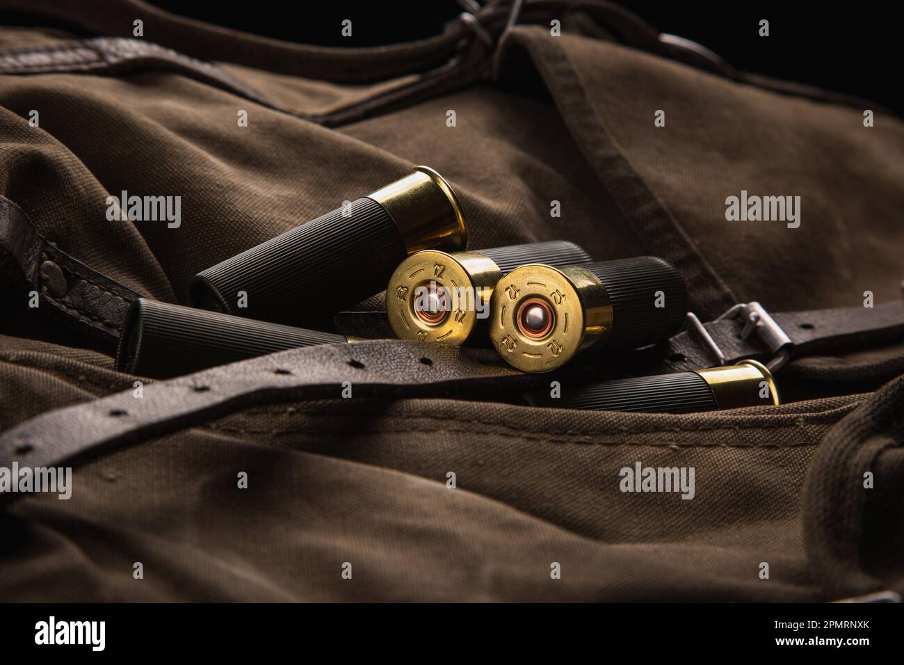 Shotgun shells close-up. Ammunition for smoothbore weapons on a khaki ...