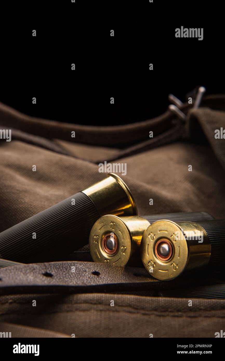 Shotgun shells close-up. Ammunition for smoothbore weapons on a khaki ...