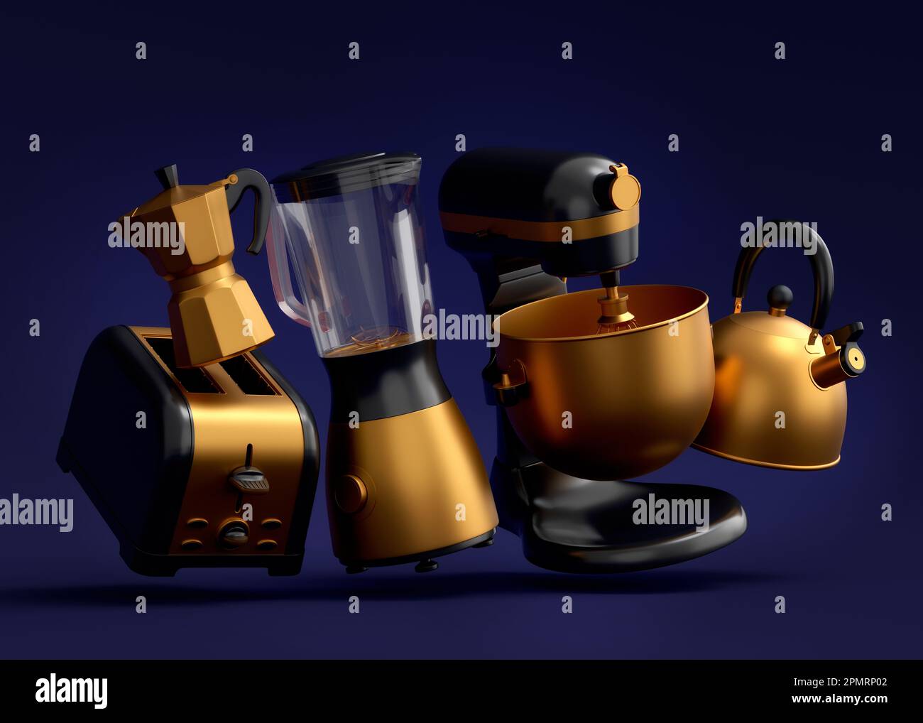Electric kitchen appliances and utensils for making breakfast on blue ...