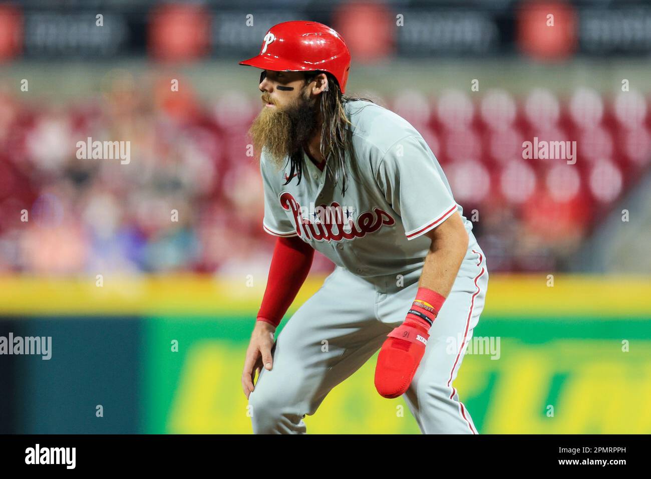 Philadelphia Phillies' Brandon Marsh takes his lead from first base ...