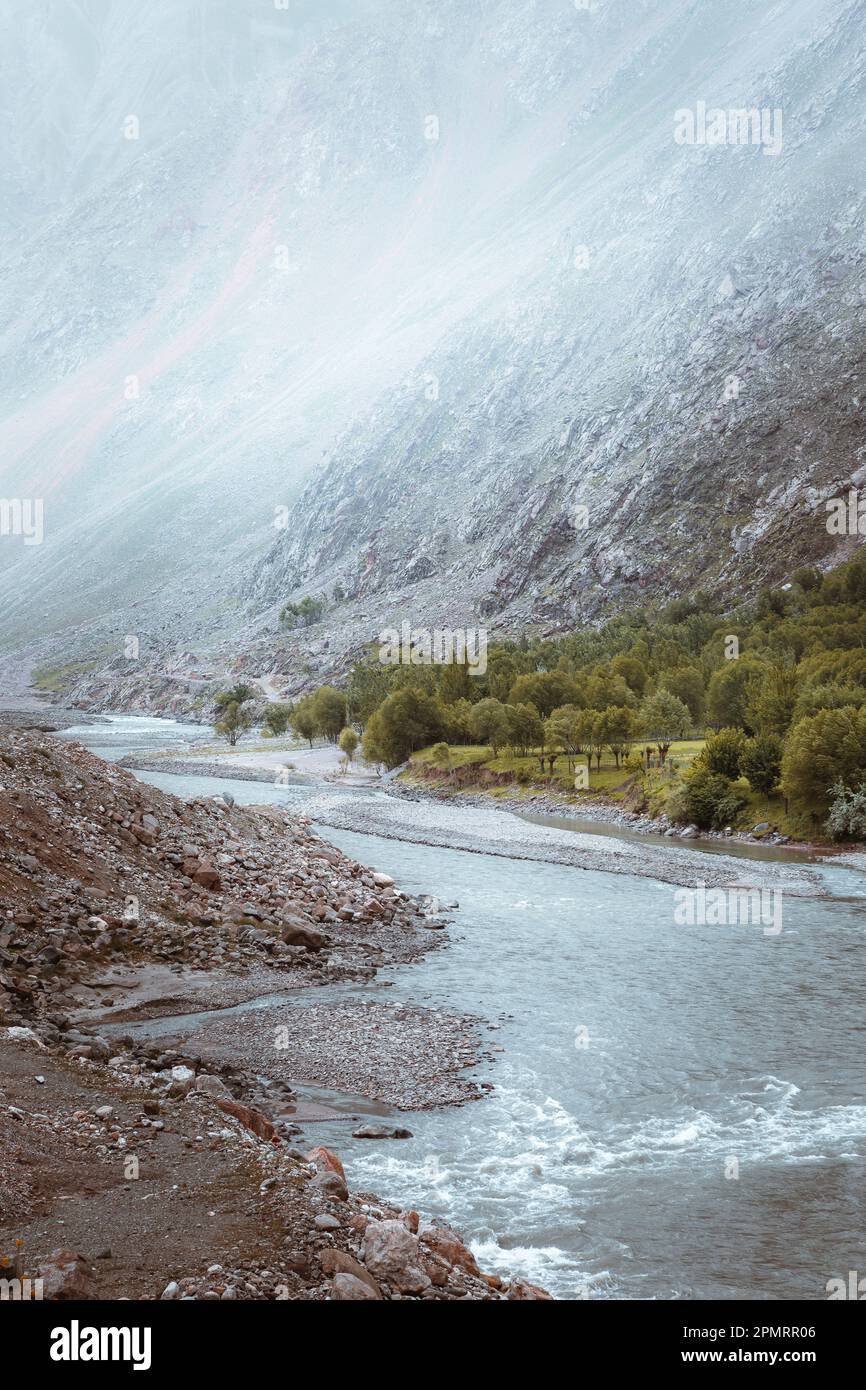 A moody photo of Kokcha river and trees with the mountains in ...