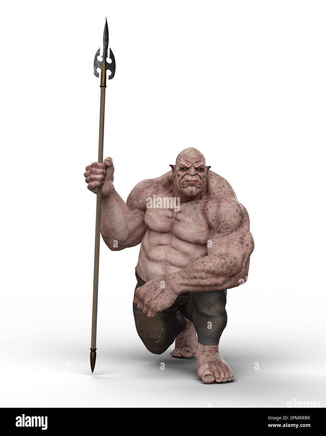 A giant ogre fantasy creature kneeling with a spear in his right hand ...