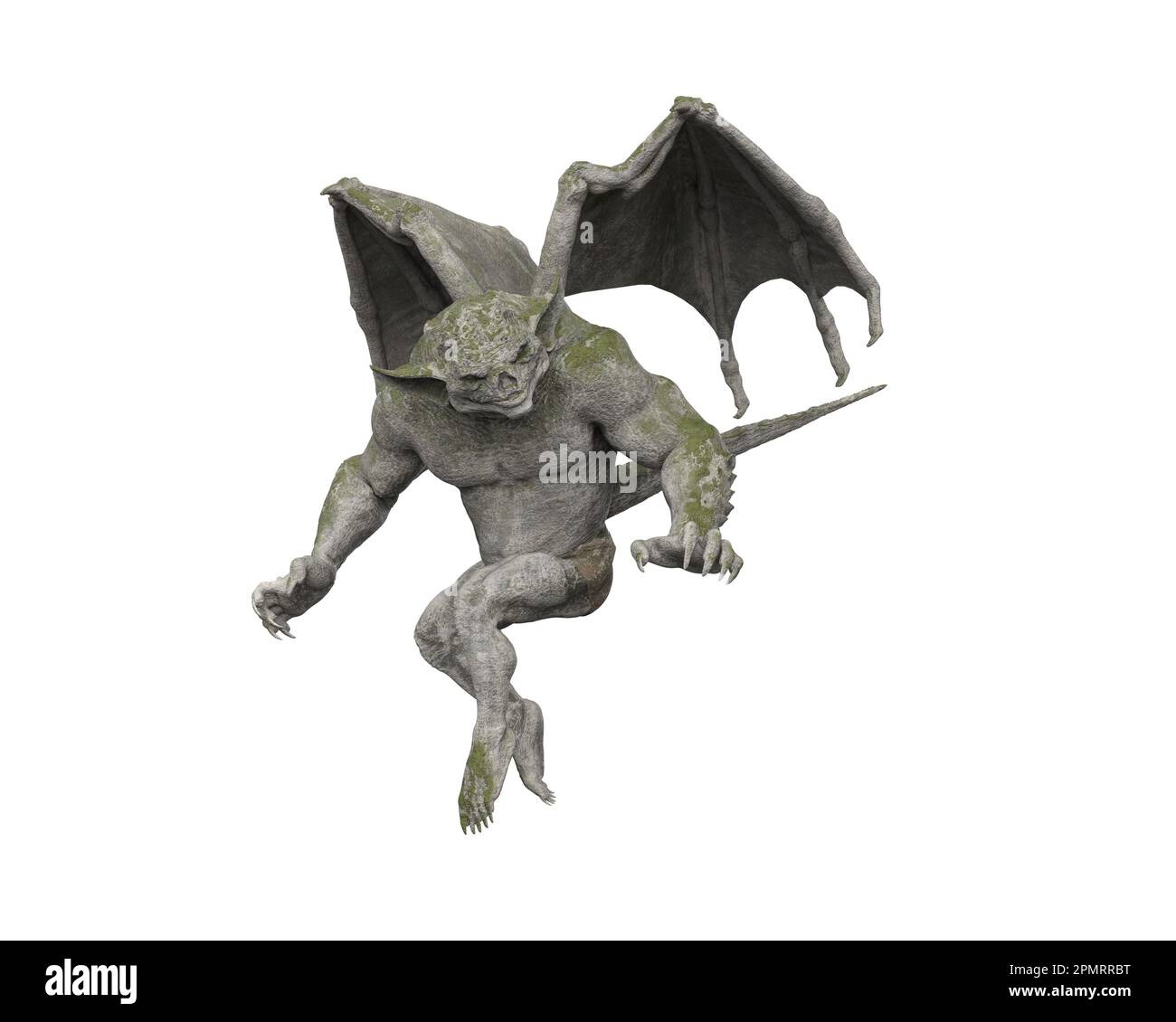 Gargoyle fantasy moss covered stone creature. 3D illustration isolated ...