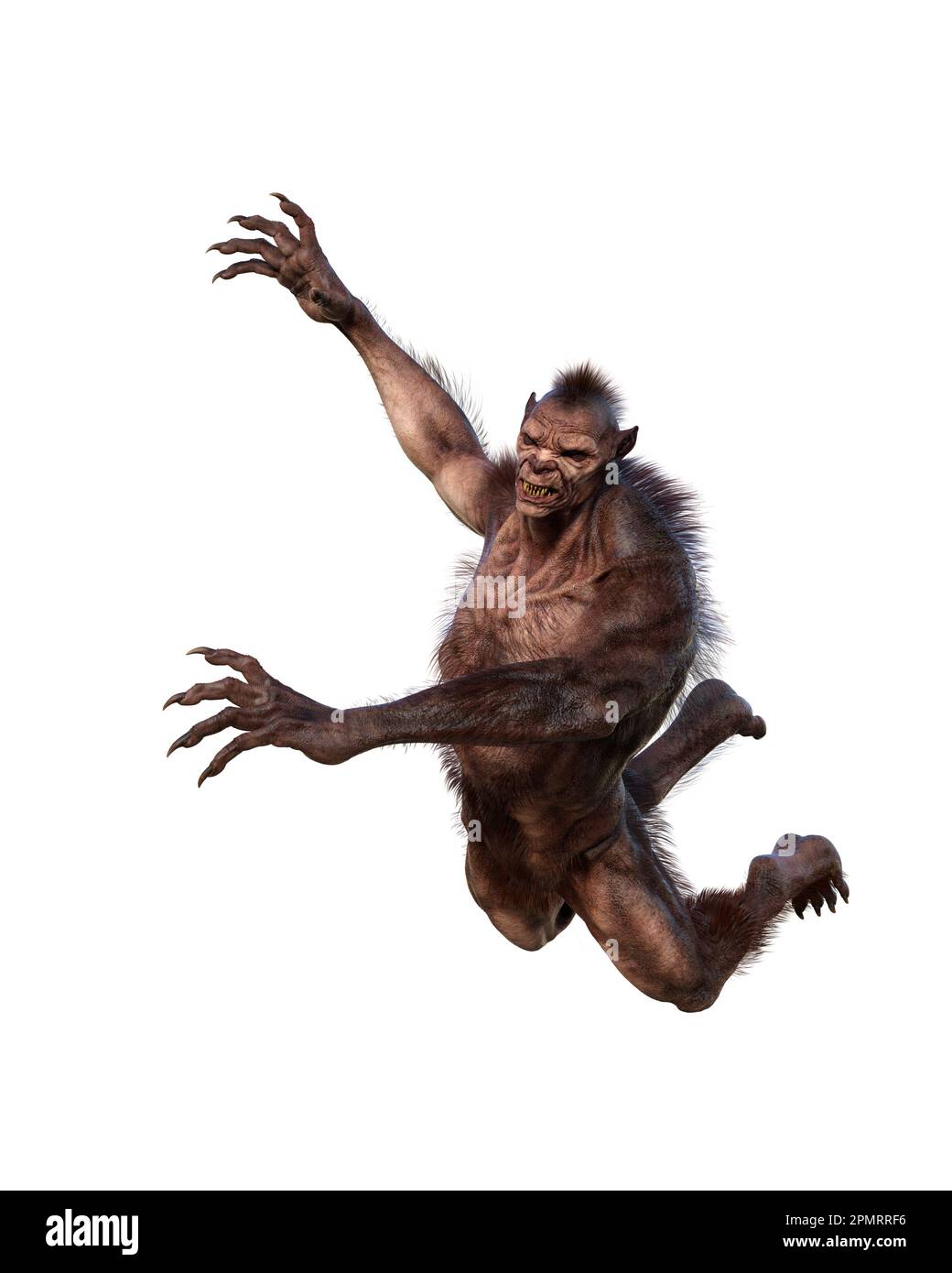 Werewolf in leaping attack pose. 3D illustration isolated on a white ...