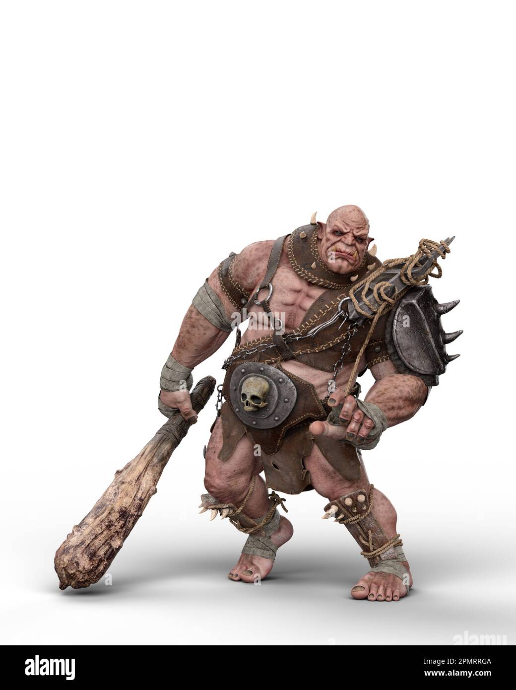 Giant fantasy ogre in battle with a large wooden club. 3D illustration ...