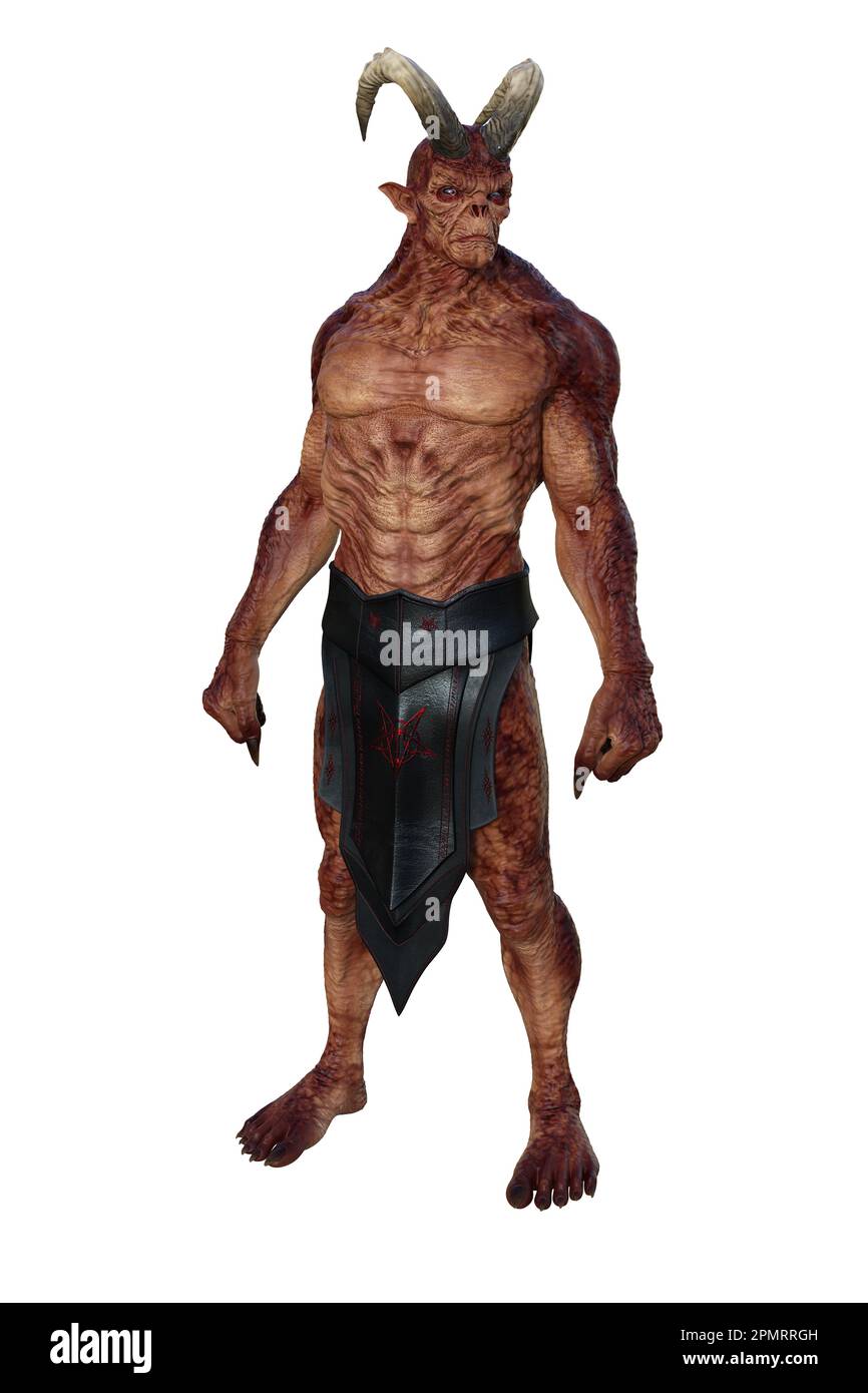 Horned demon standing and looking away to the left. 3d render isolated ...