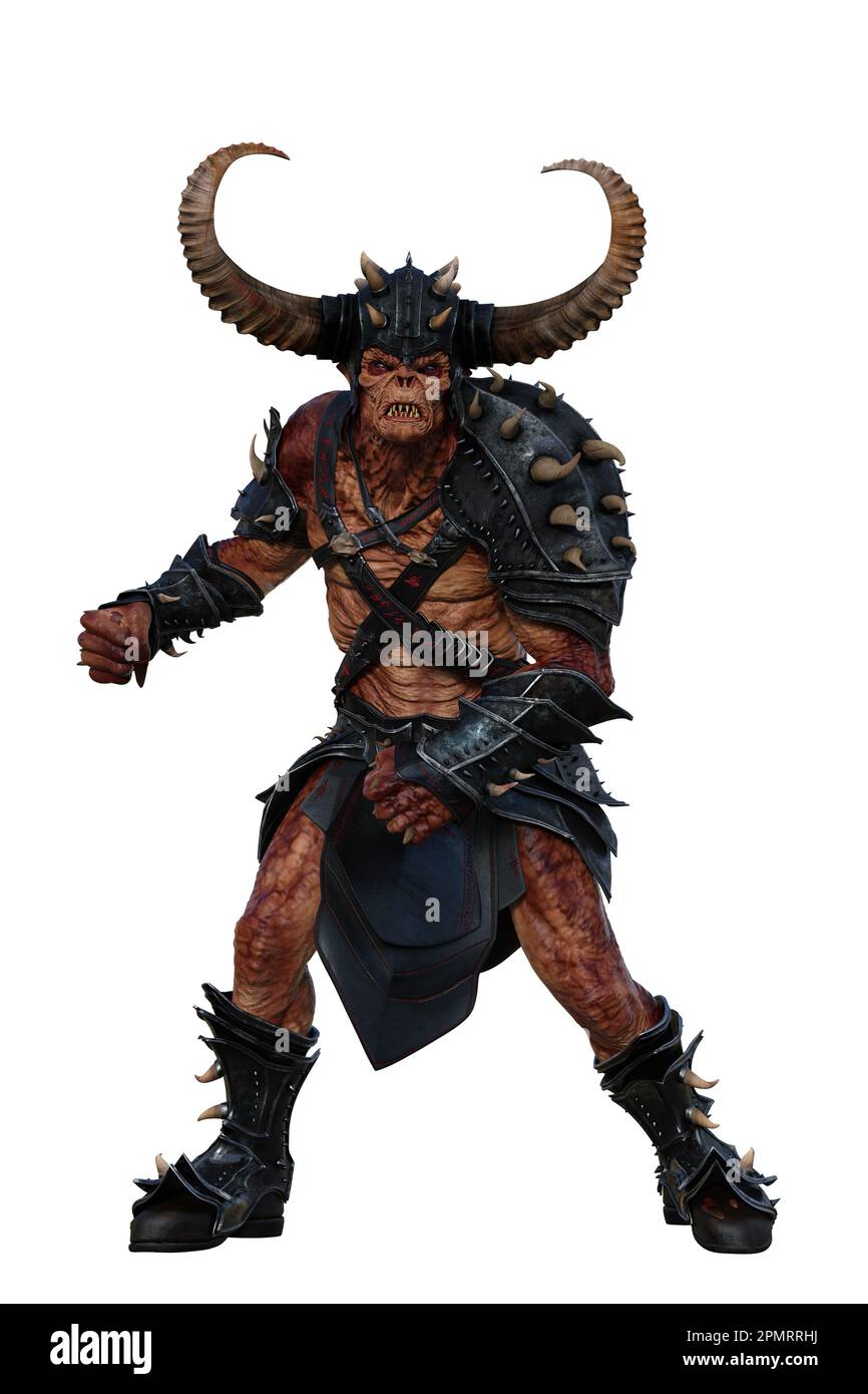 Demon in battle gear with clenched fists. 3d render isolated on a white ...
