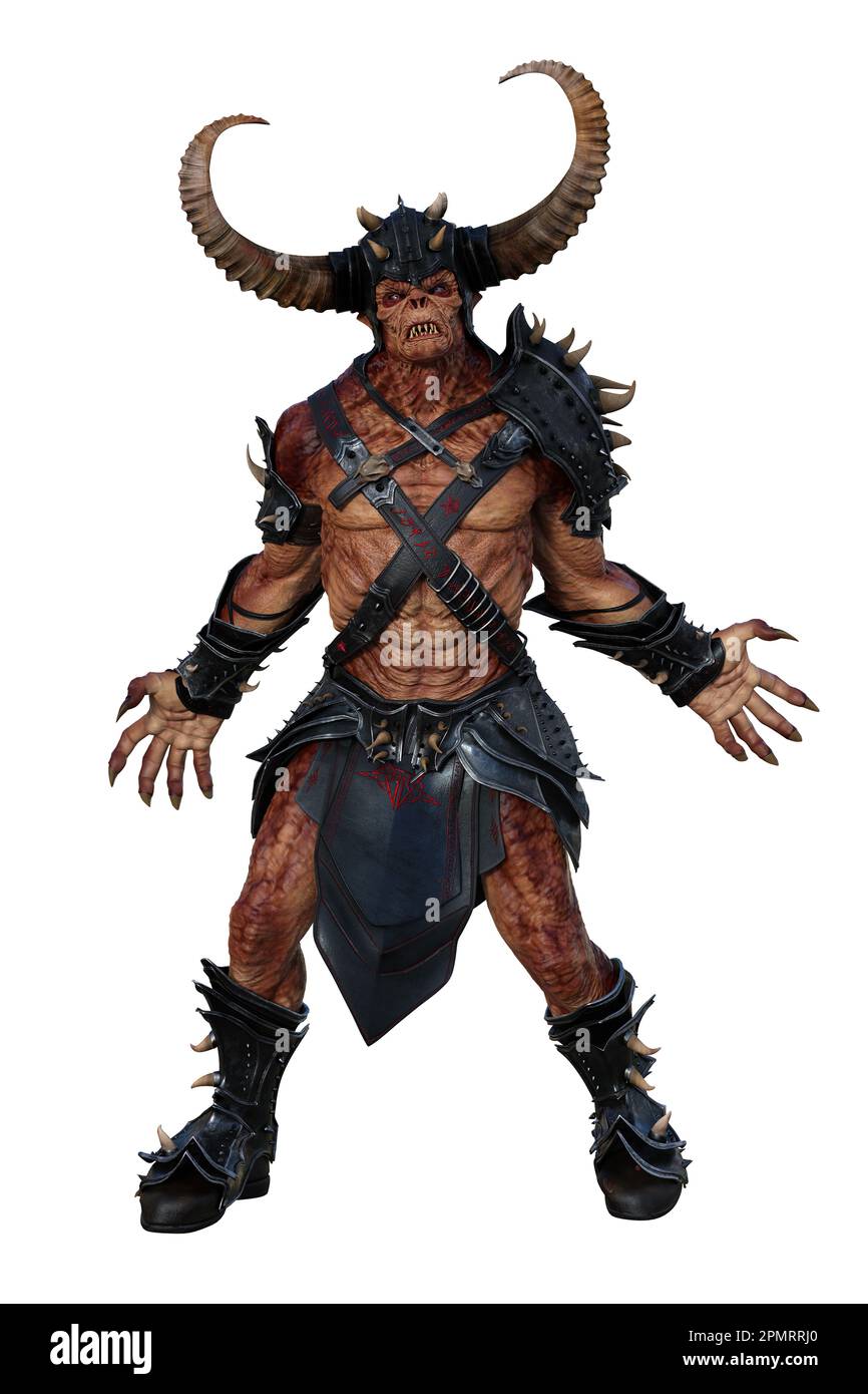 Demon in battle gear with hands open. 3d render isolated on a white ...