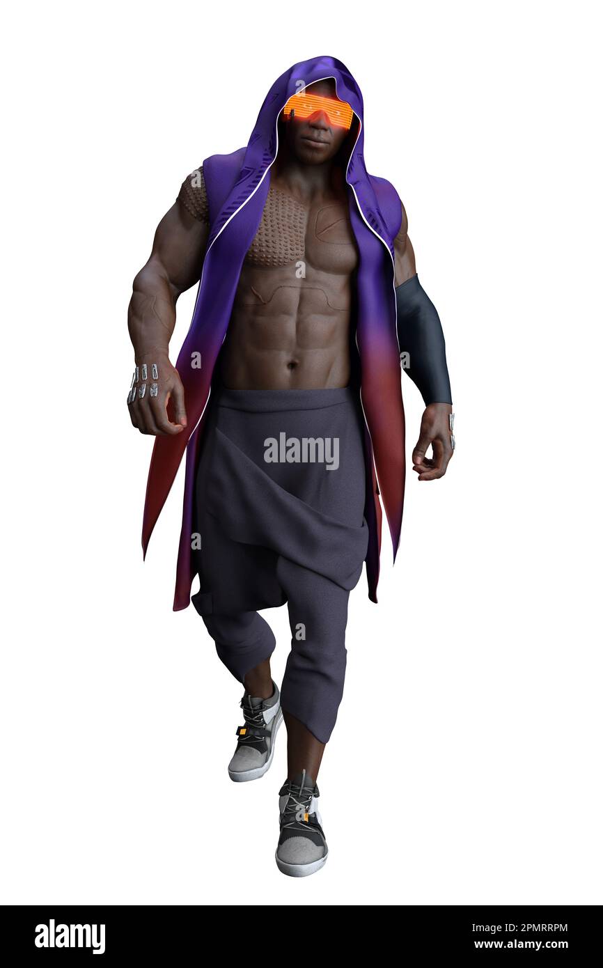 Confident athletic black man with cybenetic implants wearing futuristic ...