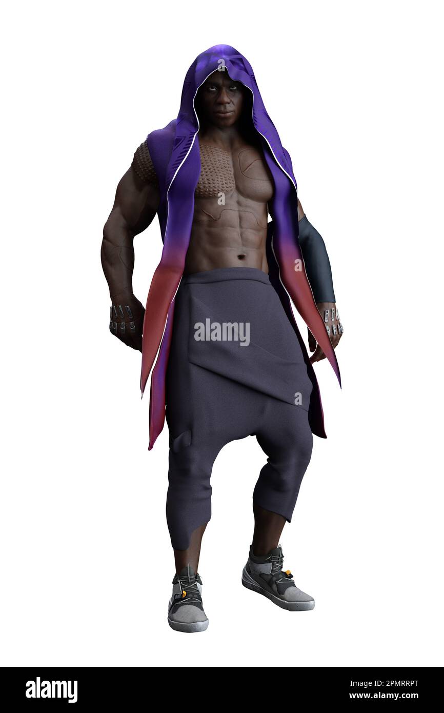 Muscular black man with cybenetic implants wearing futuristic cyberpunk ...