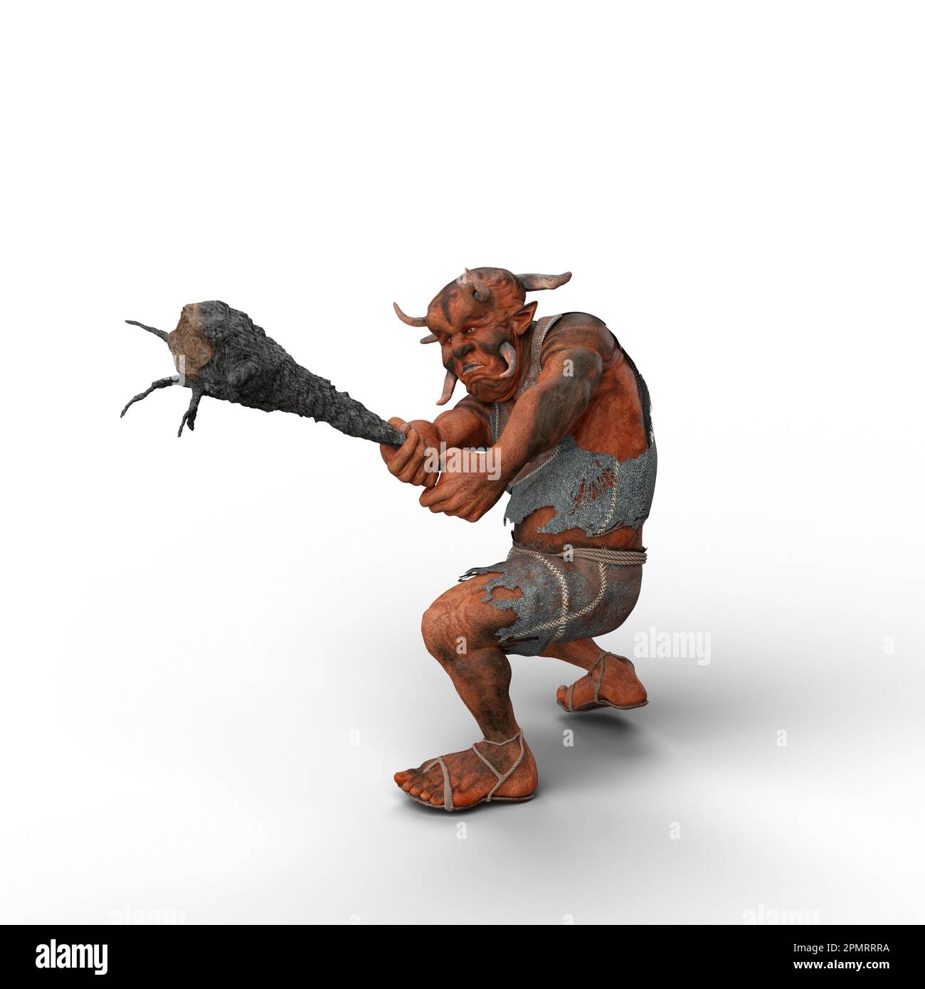 3D illustration of a fantasy Troll holding a large wooden club in both hands isolated on a white ...