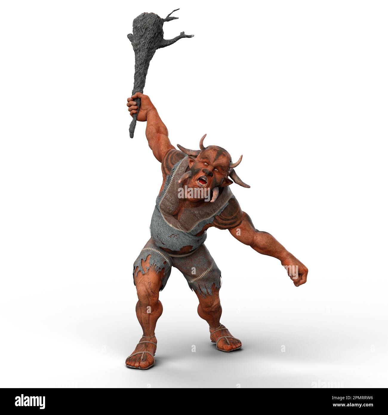 3D illustration of a fantasy Troll creature waving a large wooden club ...