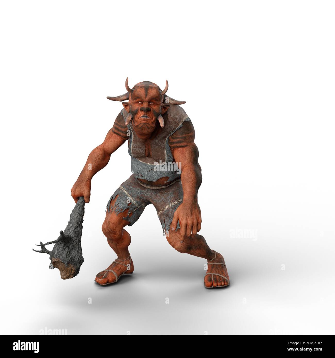 3D illustration of a mythical Troll creature holding a large wooden ...