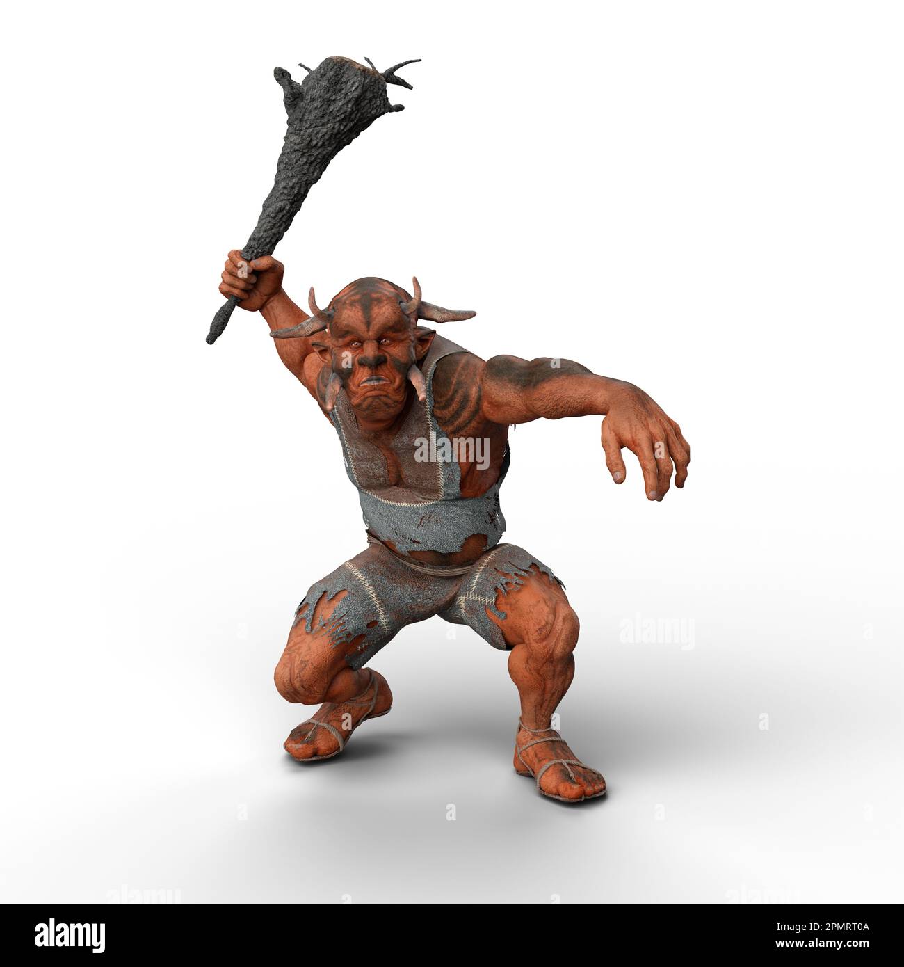 3D illustration of a giant Troll swinging a wooden weapon in his right ...