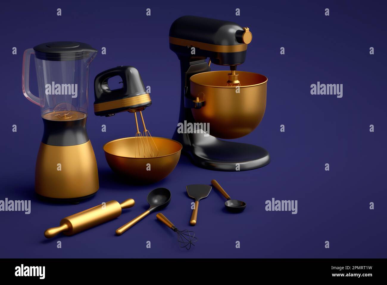 Mixer with kitchen utensil for preparation of dough on blue background ...