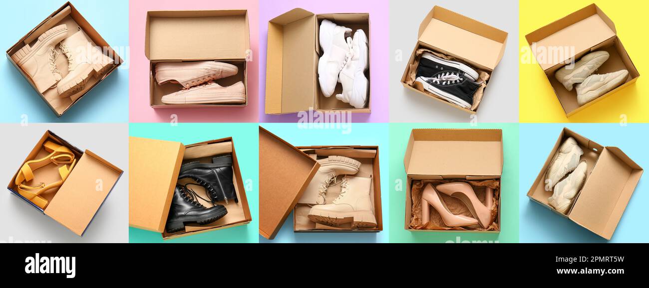 Collage with stylish shoes in boxes on color background Stock Photo - Alamy
