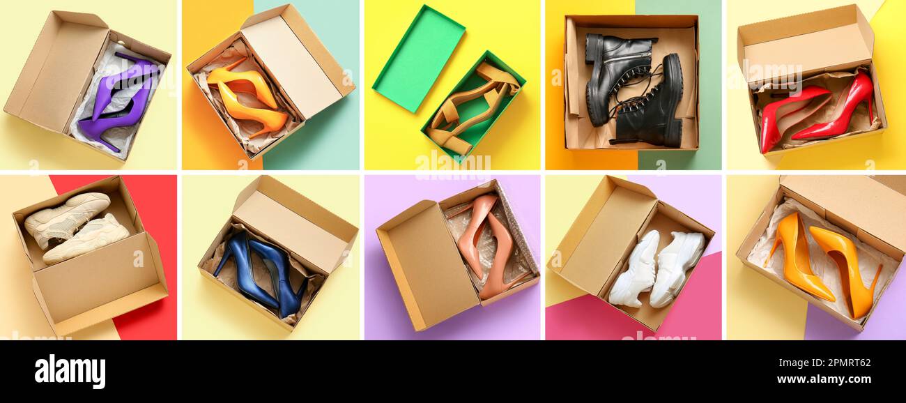 Collage with stylish shoes in boxes on color background Stock Photo - Alamy