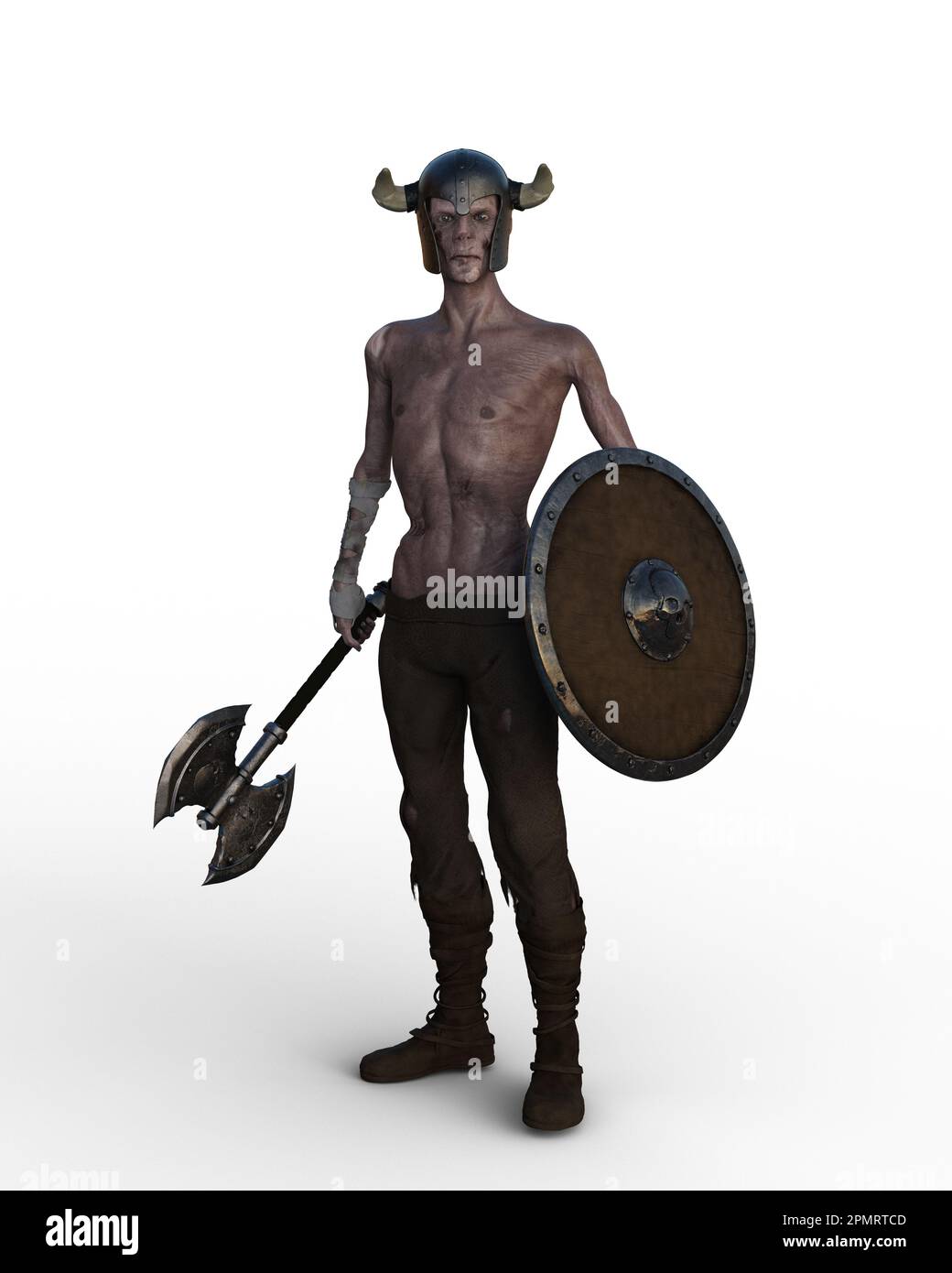 3D illustration of a zombie viking warrior standing with horned helmet ...