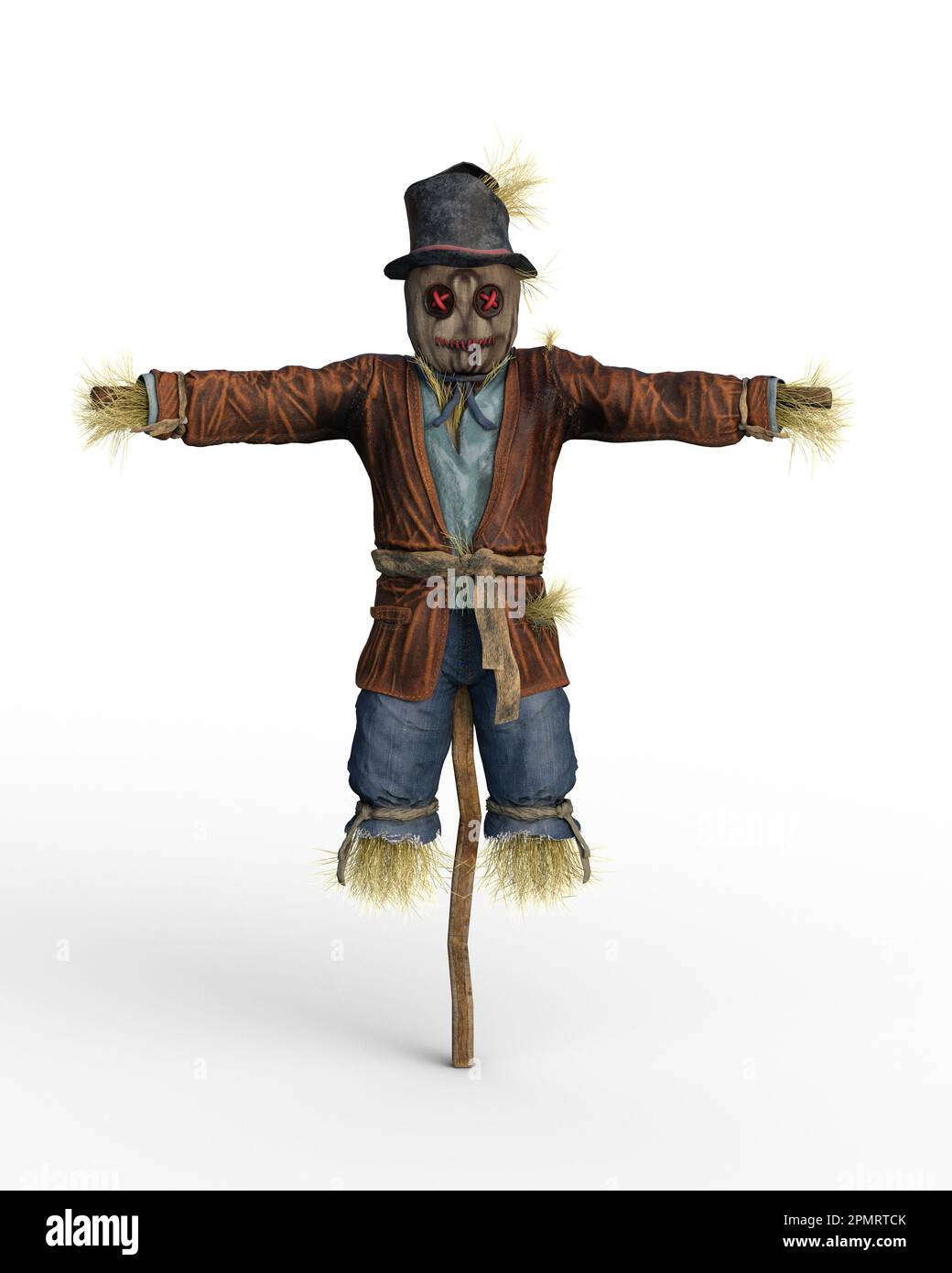 3D illustration of a straw filled scarecrow on a wooden stake isolated ...