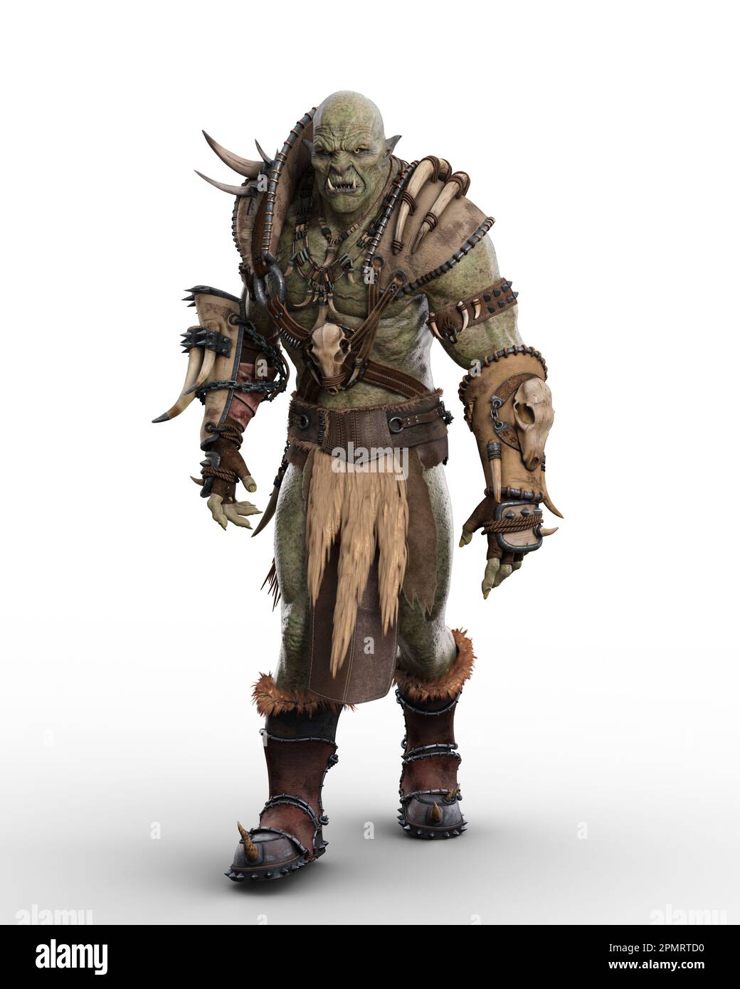 Fantasy warrior Orc character wearing barbarian costume in walking pose. 3D rendering isolated ...