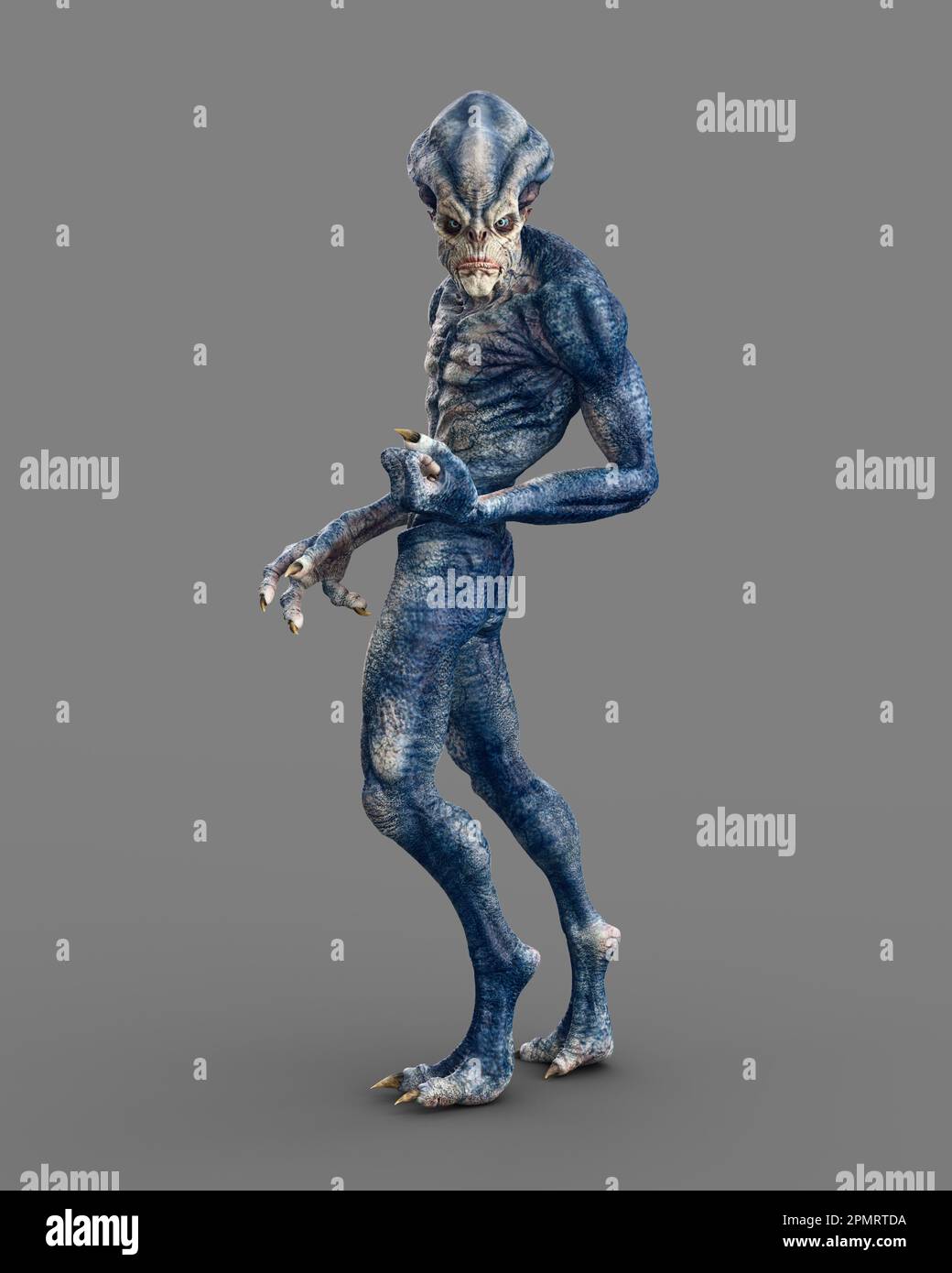 Blue grey humanoid alien creature looking back in aggressive pose. 3D ...