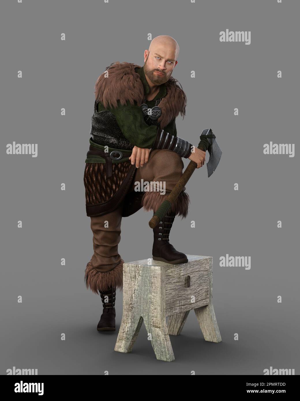 Medieval Viking warrior man standing with one foot resting on a stool ...