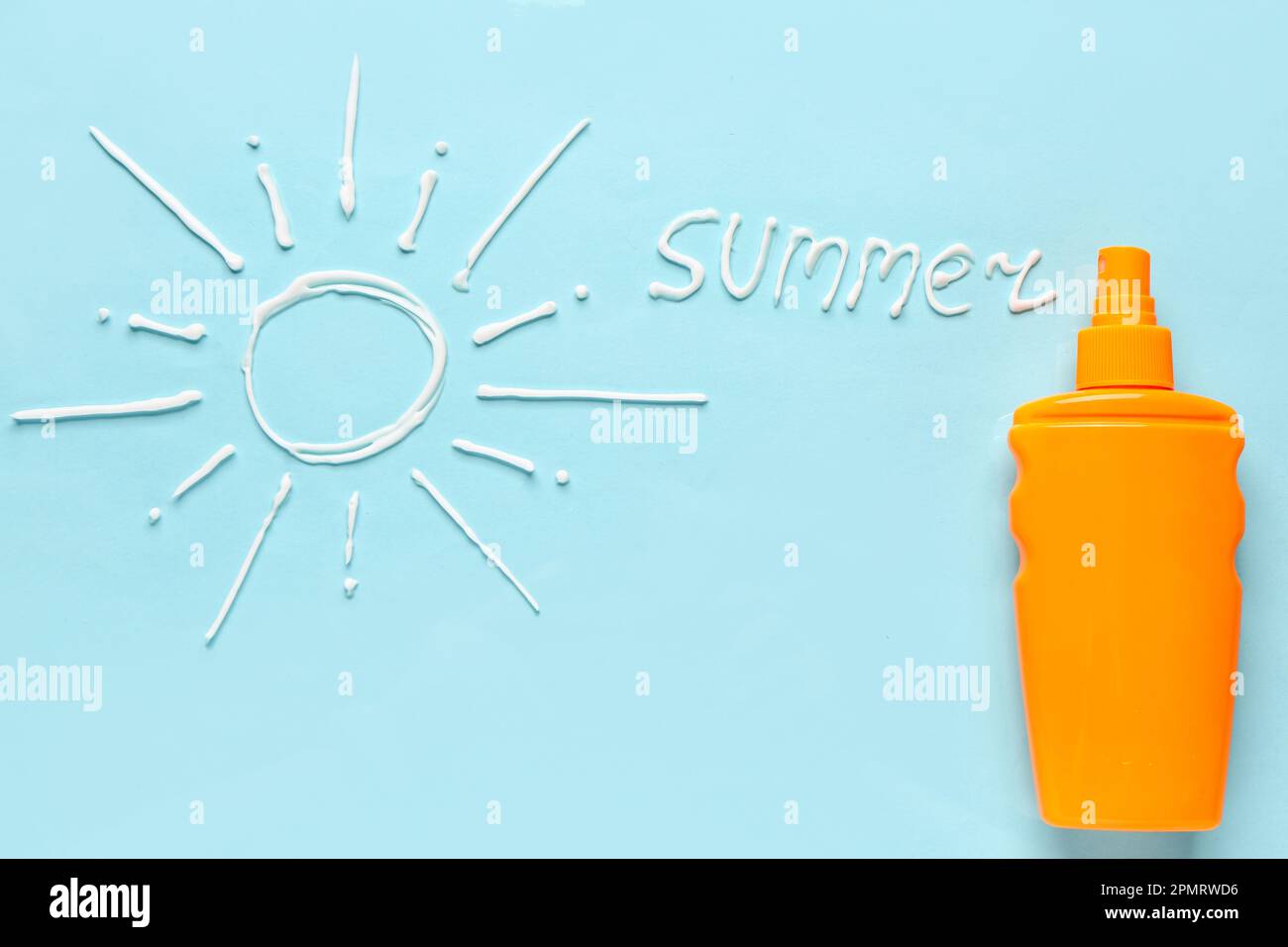 Word SUMMER with sun made of sunscreen cream on blue background Stock ...