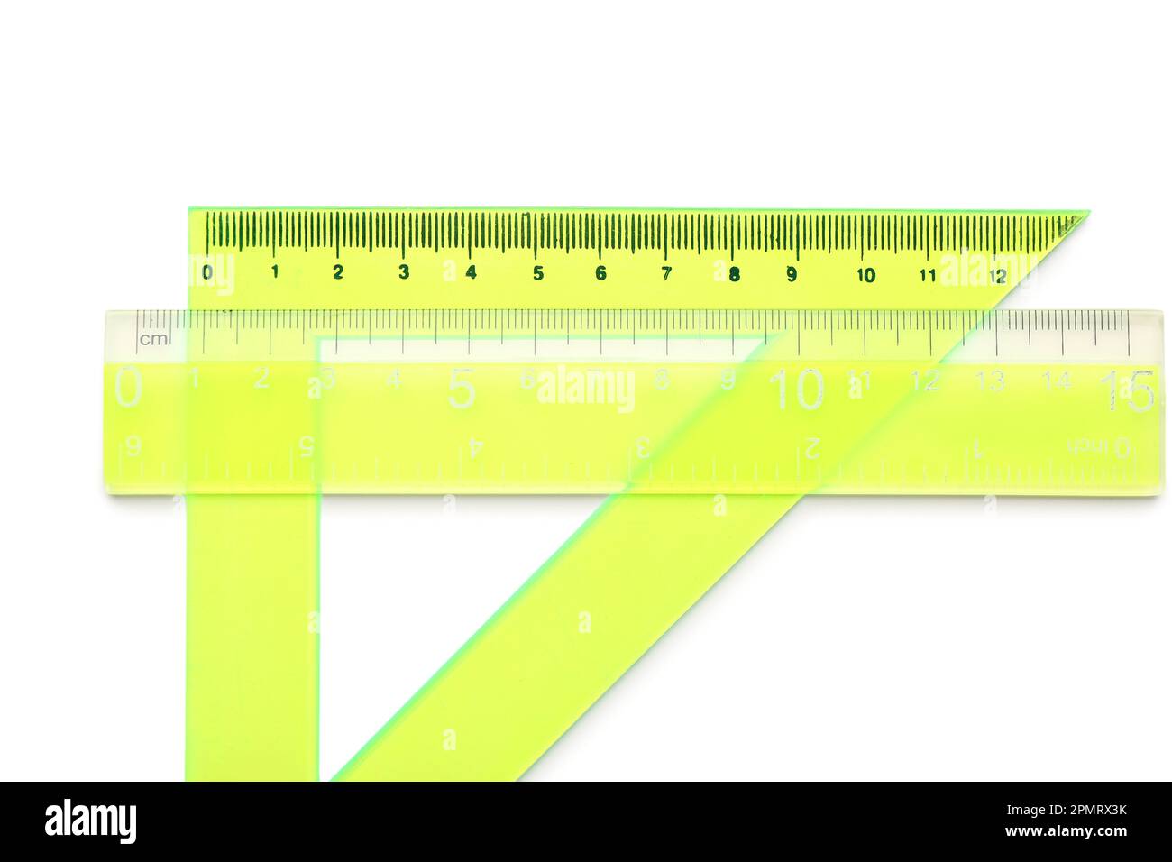 Yellow straight and triangle plastic ruler on white background Stock ...
