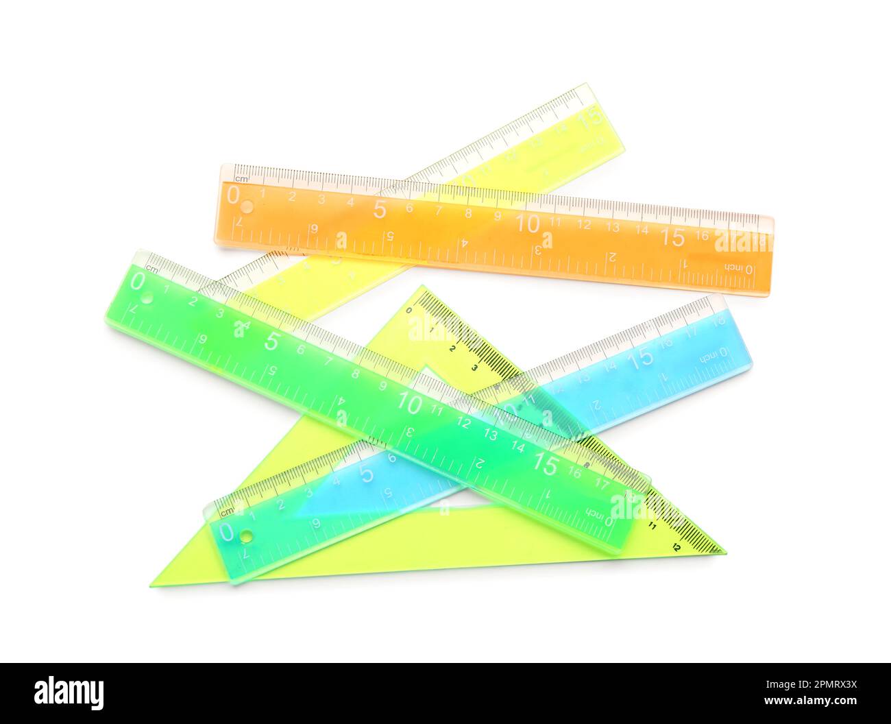 Colorful triangle and straight plastic rulers on white background Stock ...
