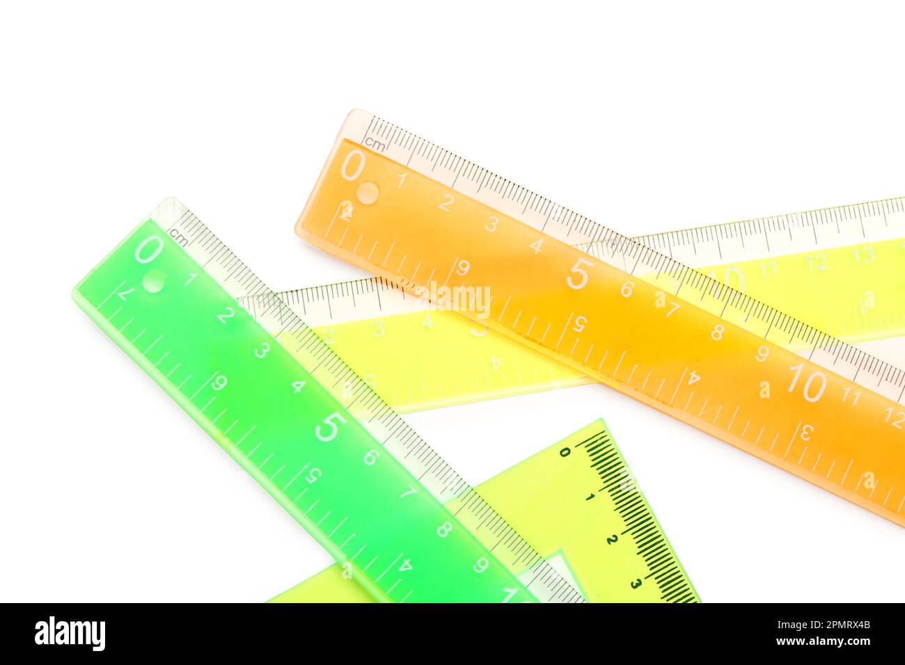 Colorful triangle and straight plastic rulers on white background Stock ...
