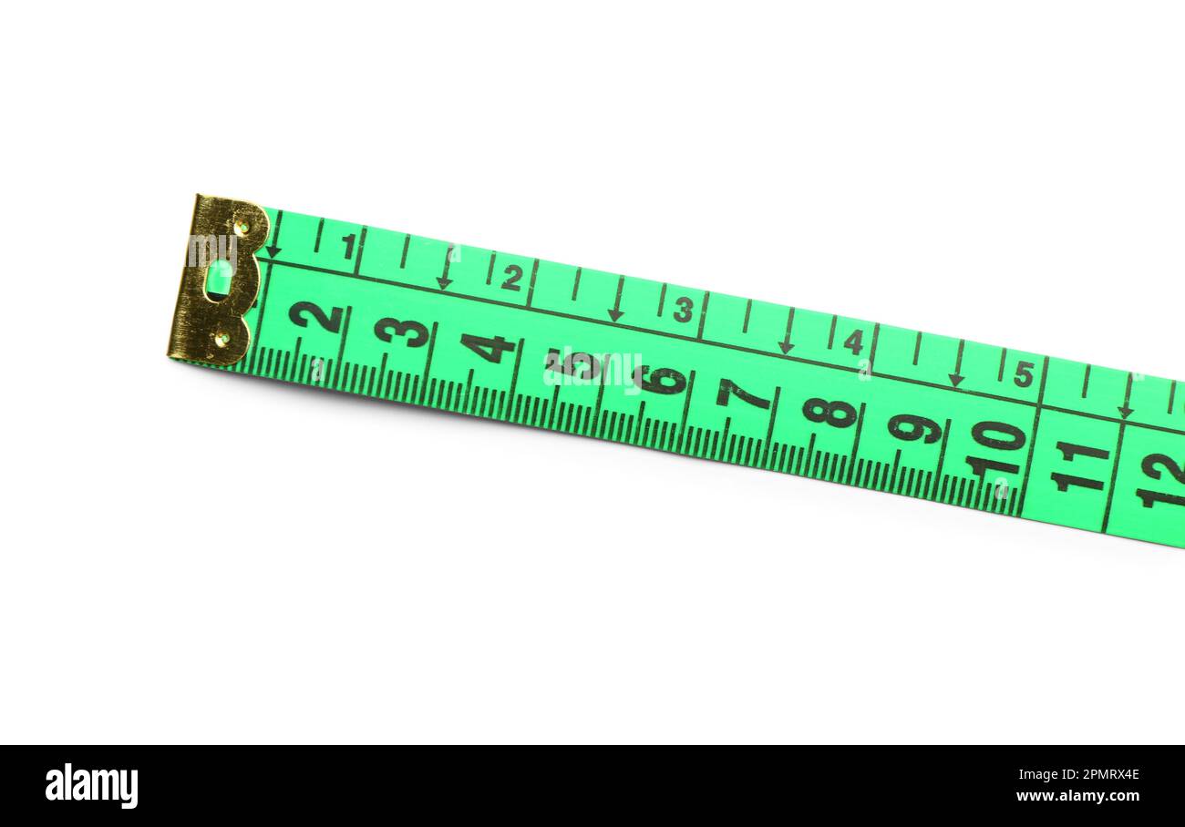Green measuring tape on white background Stock Photo - Alamy