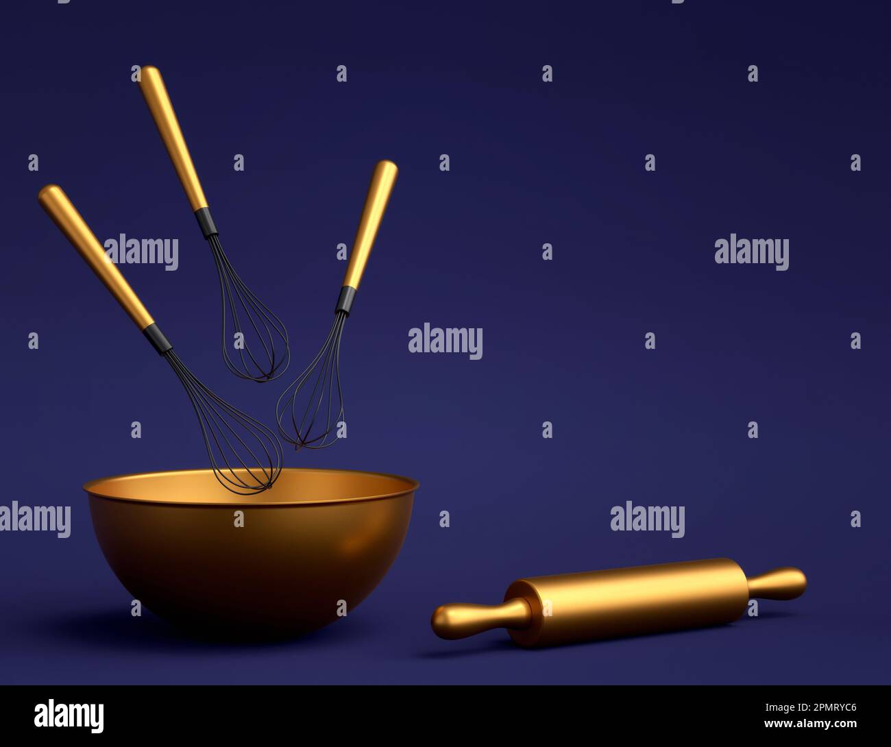 Metal bowl with kitchen utensil for preparation of dough on blue ...