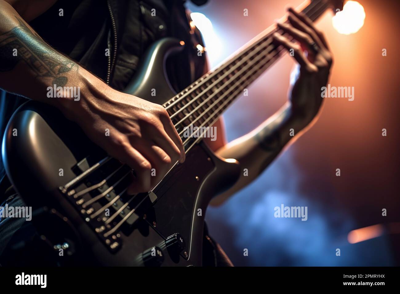 An AI-generated illustration of an adult bass player with tattoos ...