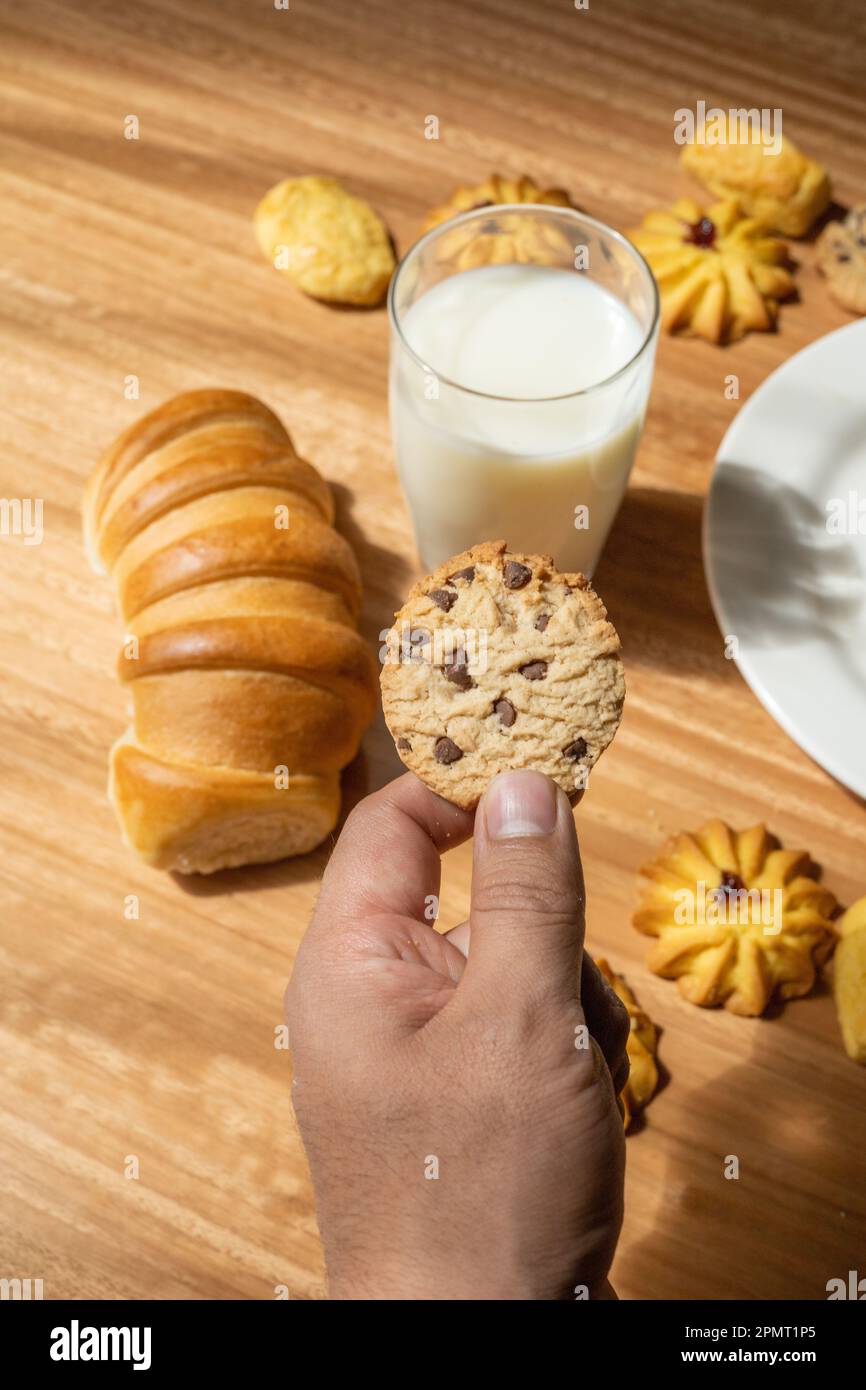 domestic life, having a delicious cookie with chocolate, eating sweet ...