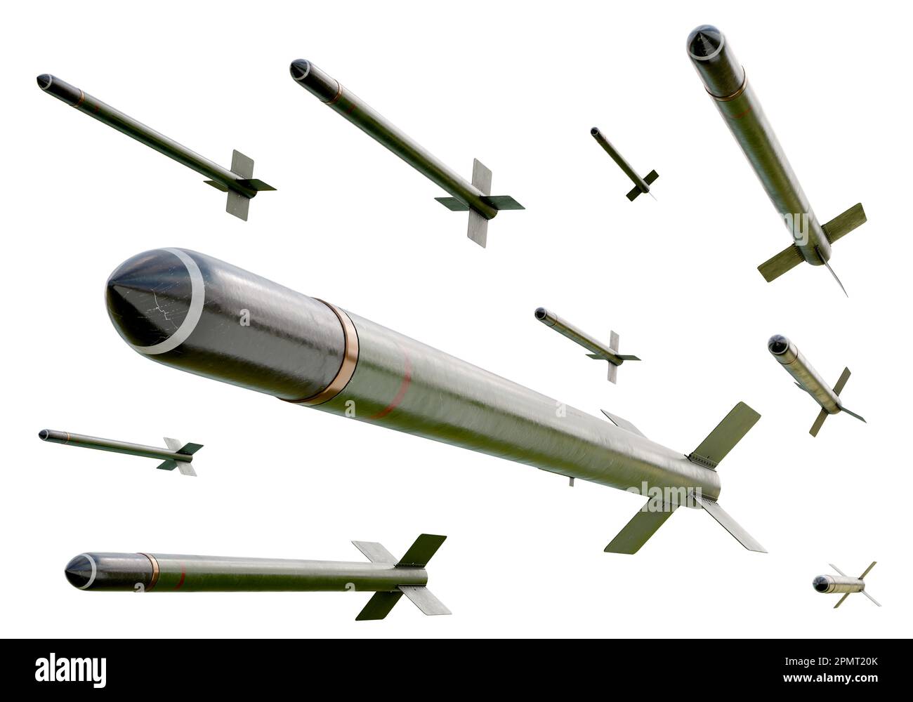 3d render illustration of a swarm of aircraft rockets from world war ...
