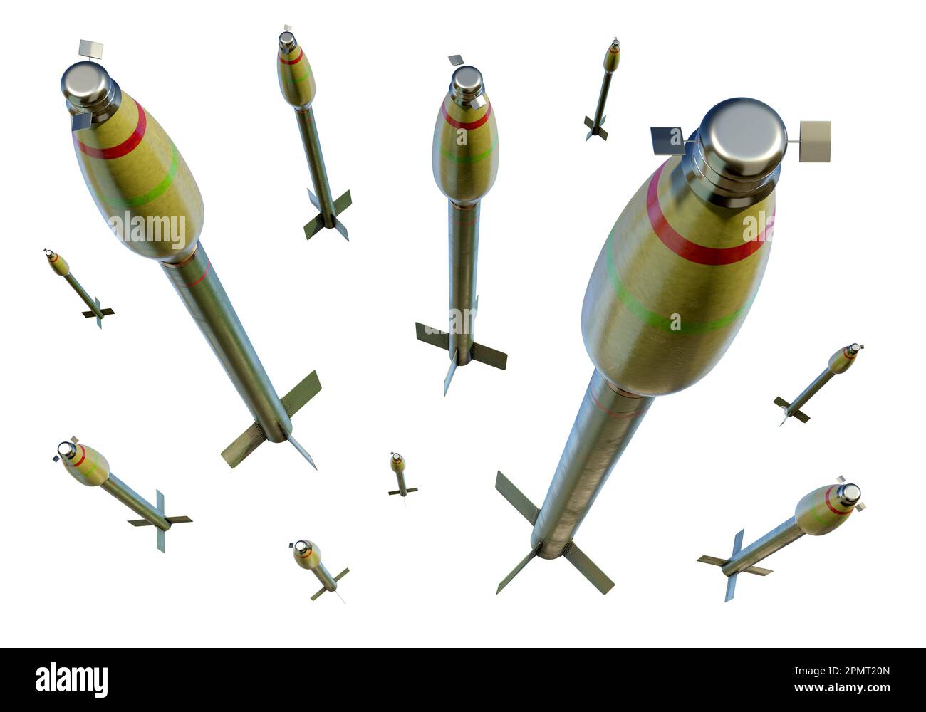 3d render illustration of a swarm of aircraft rockets from world war ...
