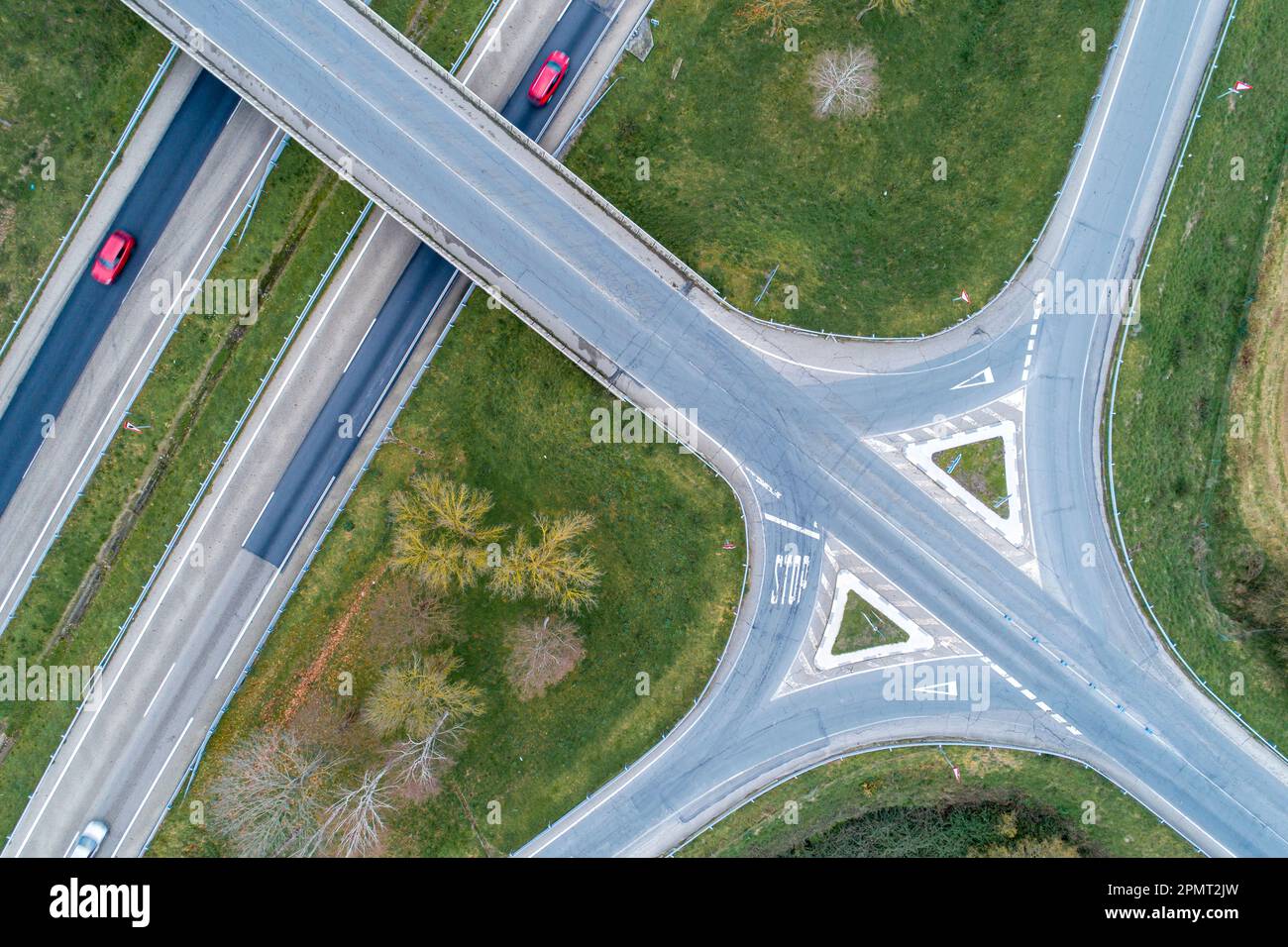 An aerial shot of a rural street intersection with no traffic ...