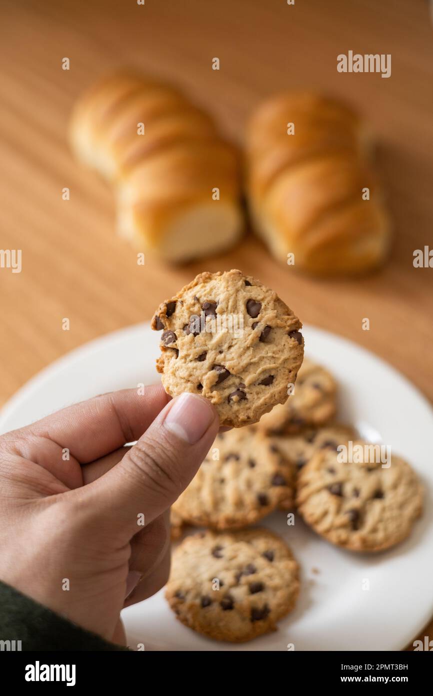restaurant, trying a sweet food chocolate chip cookies and breads ...