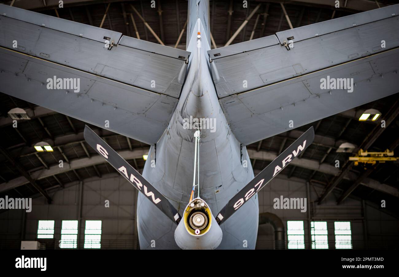 A KC-135 Stratotanker assigned to the 6th Air Refueling Wing is shown ...
