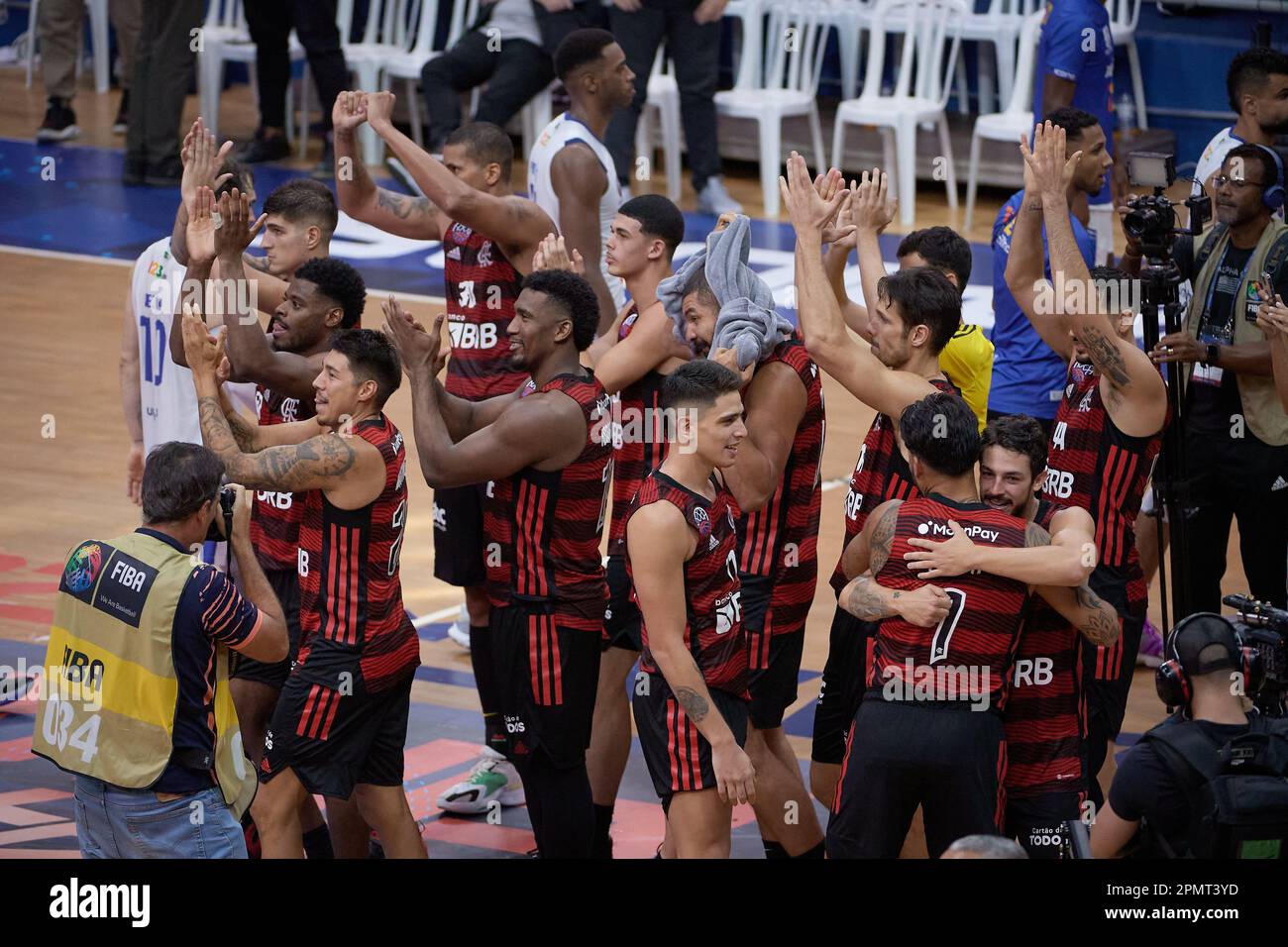 Franca, Brazil. 14th Apr, 2023. Flamengo team celebrates qualifying for ...