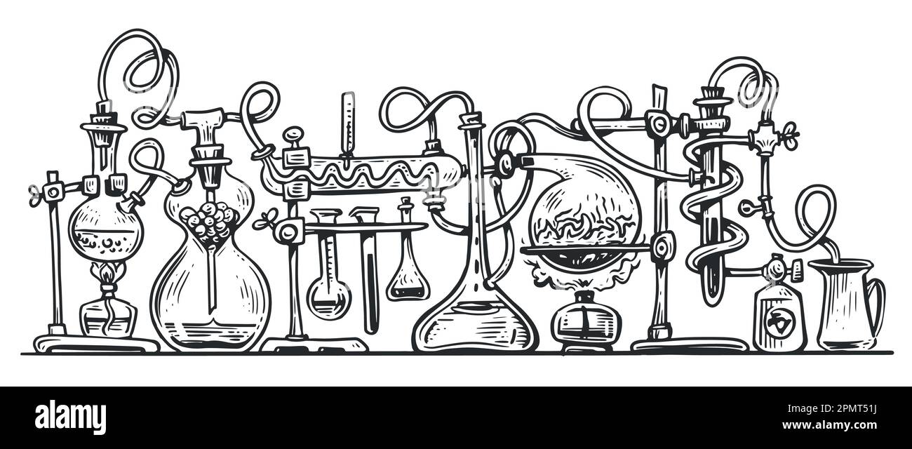 Lab flasks connected with test tubes. Chemical laboratory experiment ...