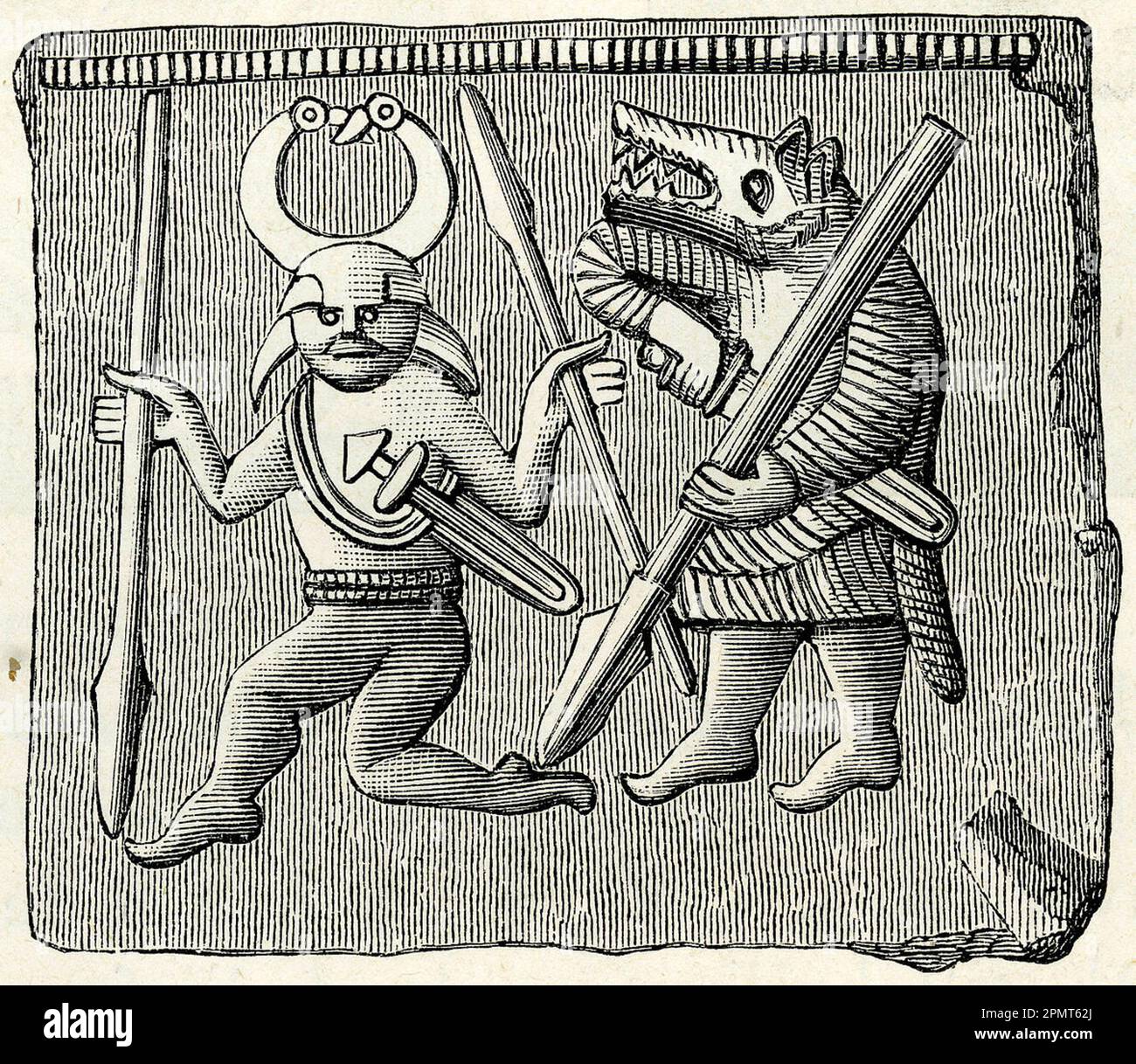 An helmet plate patrix depicting a dancing warrior and a bear warrior ...