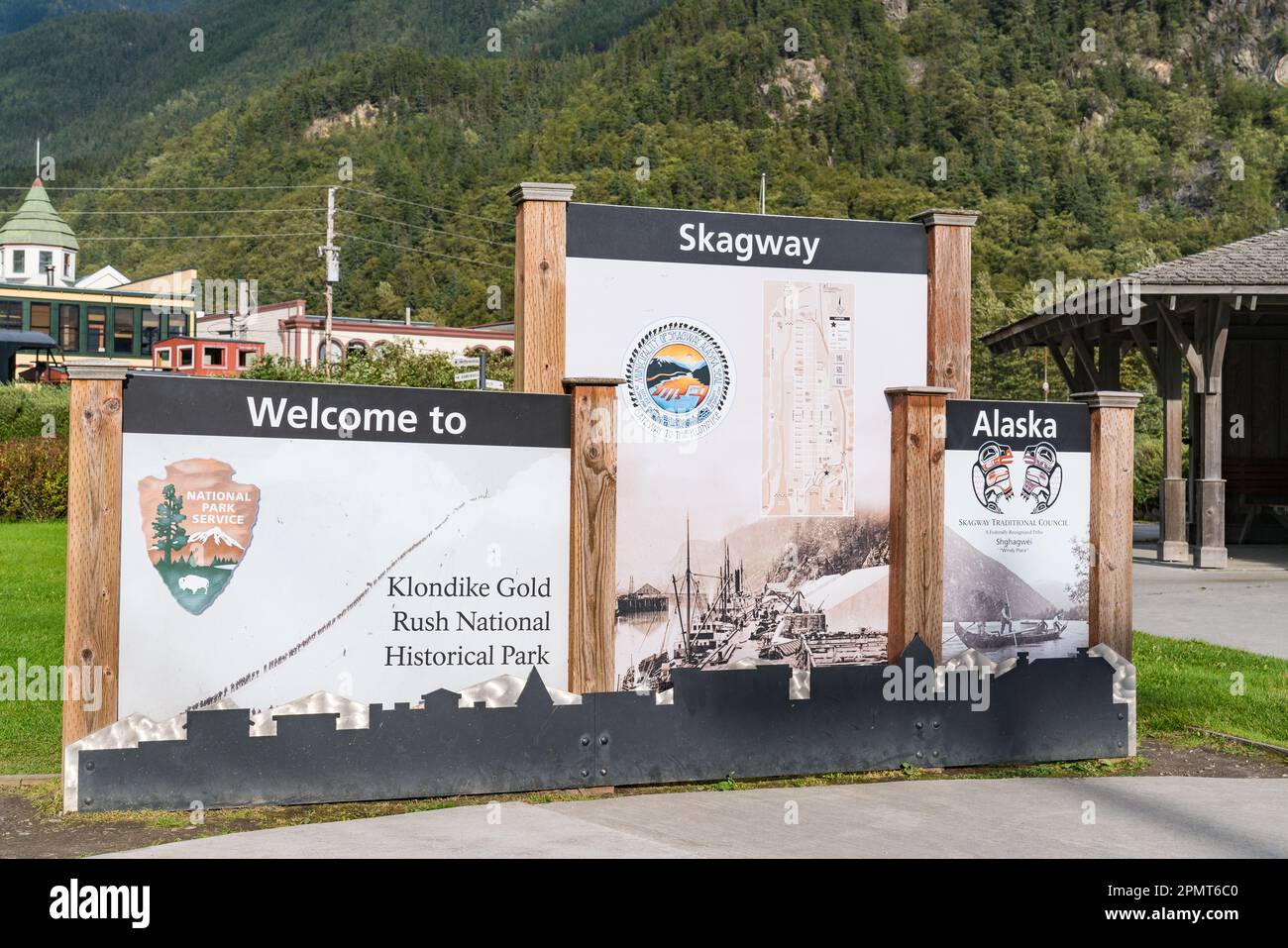 Skagway, AK - September 7, 2022: Welcome to Skagway, Alaska and the Klondike Gold Rush National ...