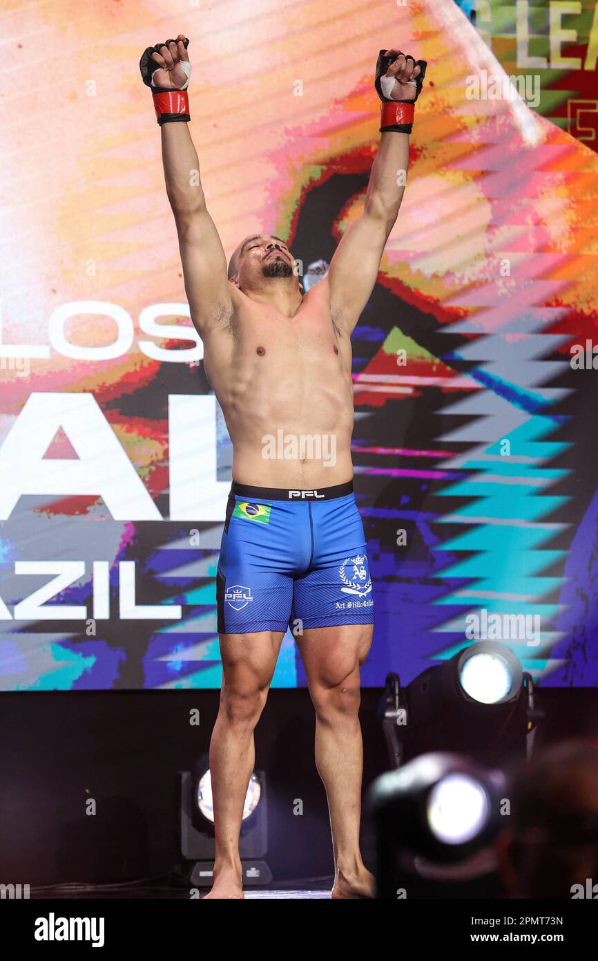 April 14, 2023: Welterweight Carlos Leal walks towards the SmartCage ...
