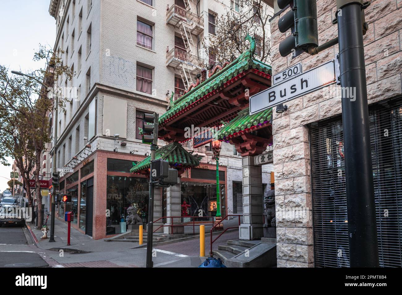 San Francisco,CA,USA. April 02 2023 :Entrance gate to Chinatown on Bush ...