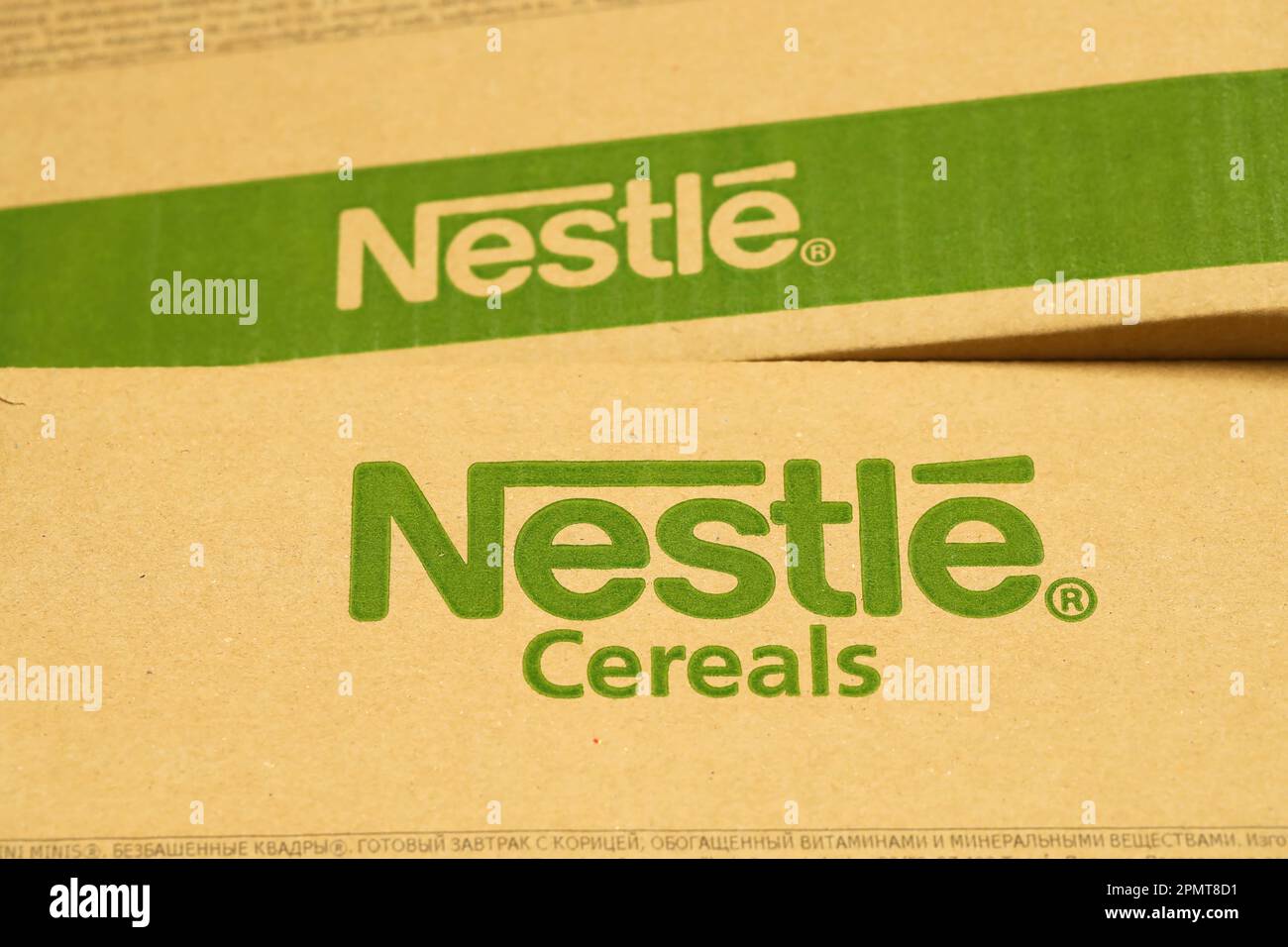 KYIV, UKRAINE - MAY 4, 2022 Big cardboard boxes with logo of Nestle ...