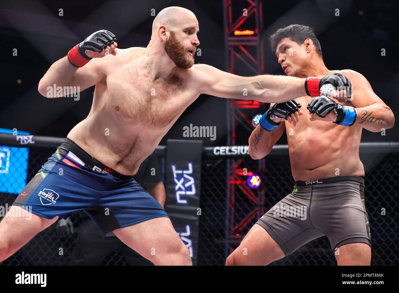 April 14, 2023: (L-R) Heavyweight Denis Goltsov throws a punch at Cezar ...