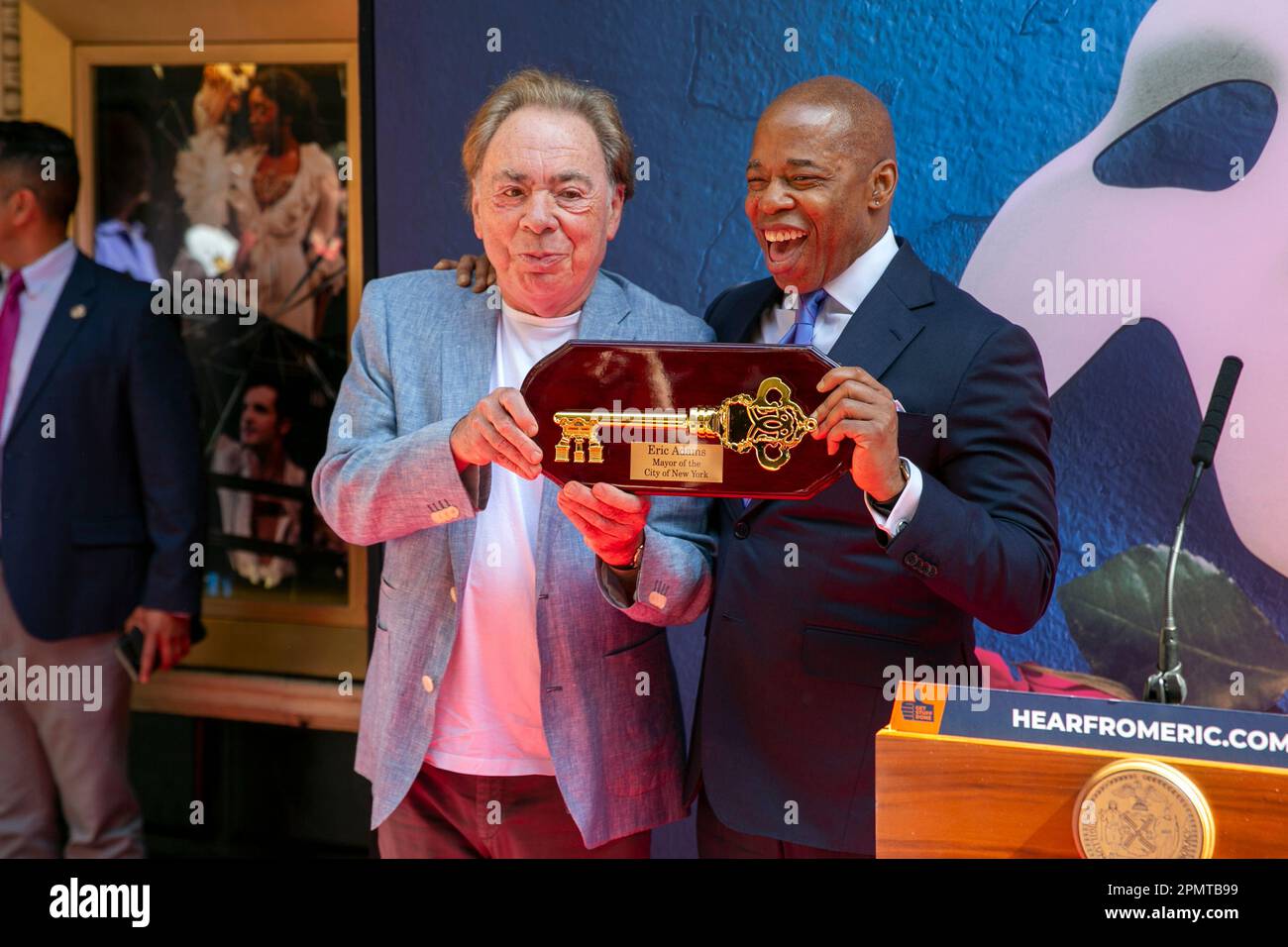New York Mayor Eric Adams presents a key to the city to musical theater ...