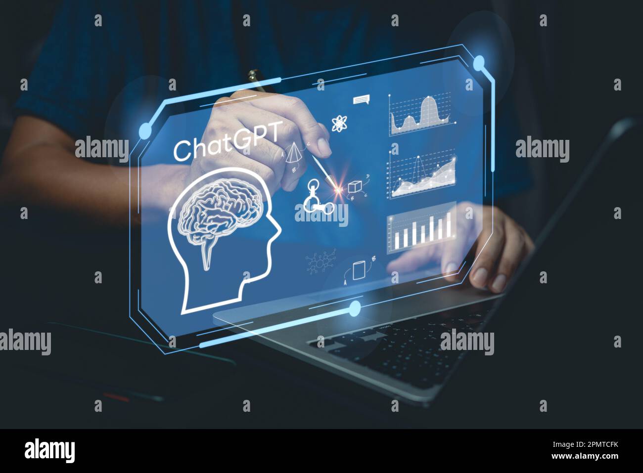 businessman using laptop computer chatting with a smart AI or ...